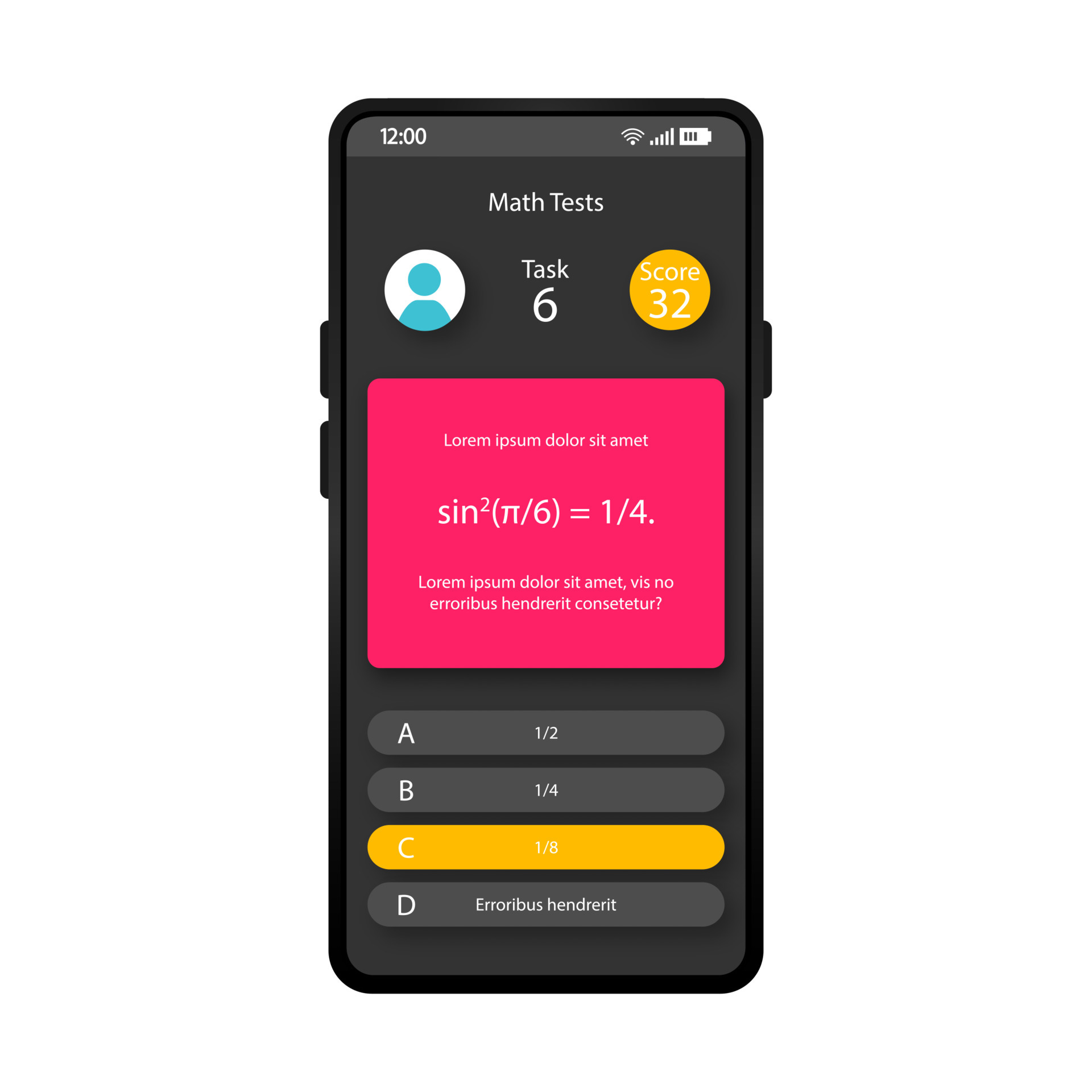 Math tests smartphone interface vector template. Mobile app page black ...