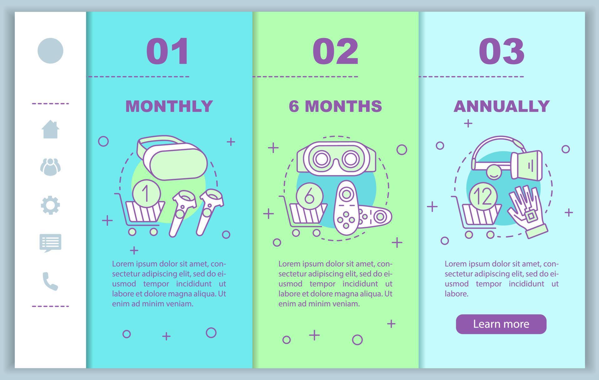 Vr Game Subscription Onboarding Mobile Web Pages Vector Template Monthly Tariff Responsive