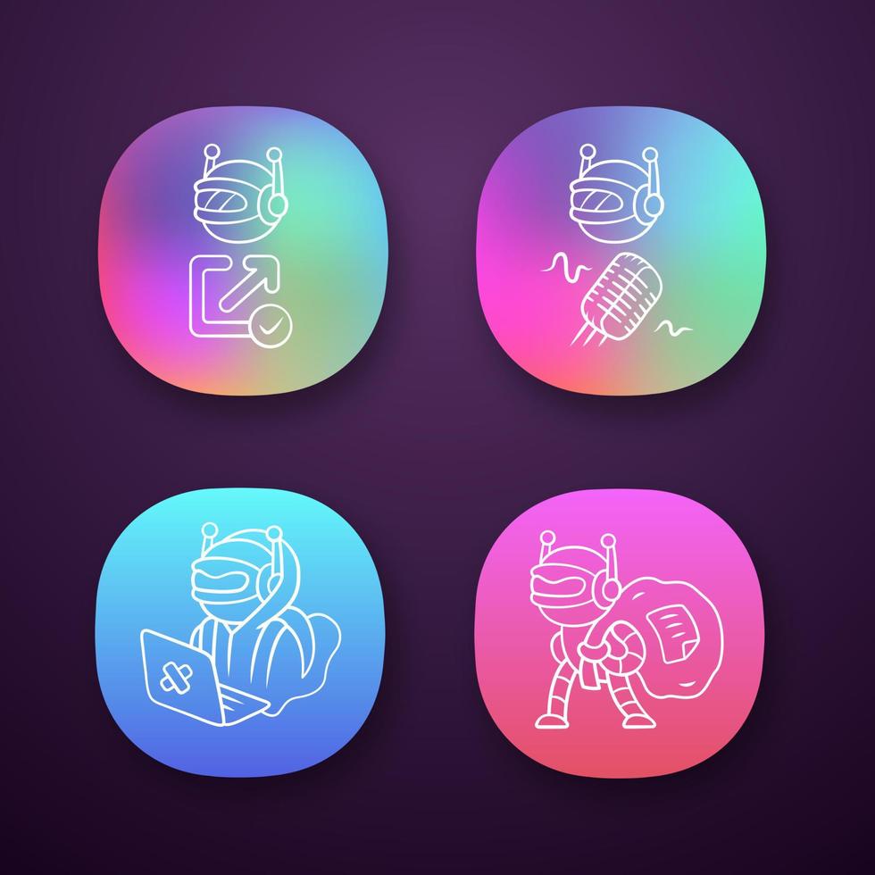 Bot types app icons set. Hacker, backlink checker, scraper bots. Malicious robot. Artificial ...