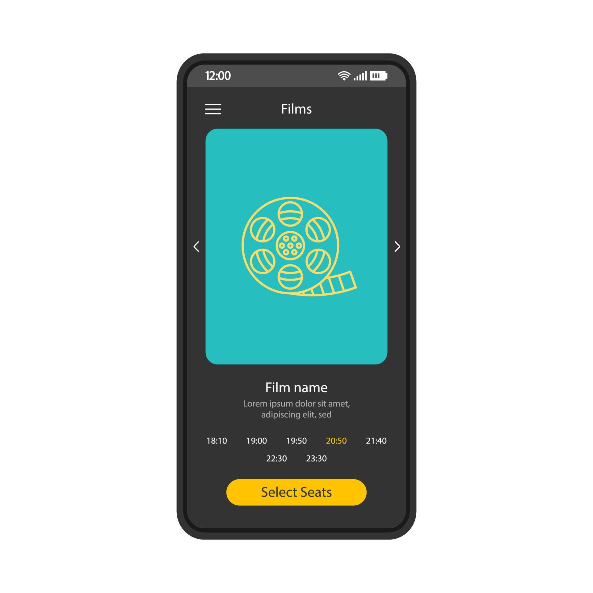 Movie tickets booking smartphone interface vector template. Mobile app ...