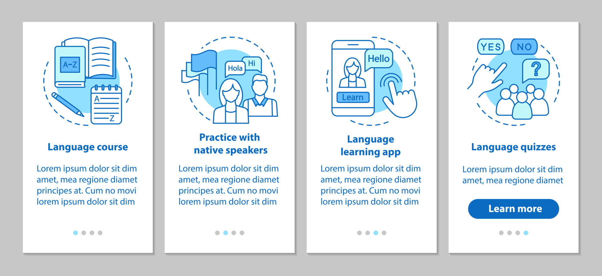 Language learning onboarding mobile app page screen vector template. Lessons with native speaker ...