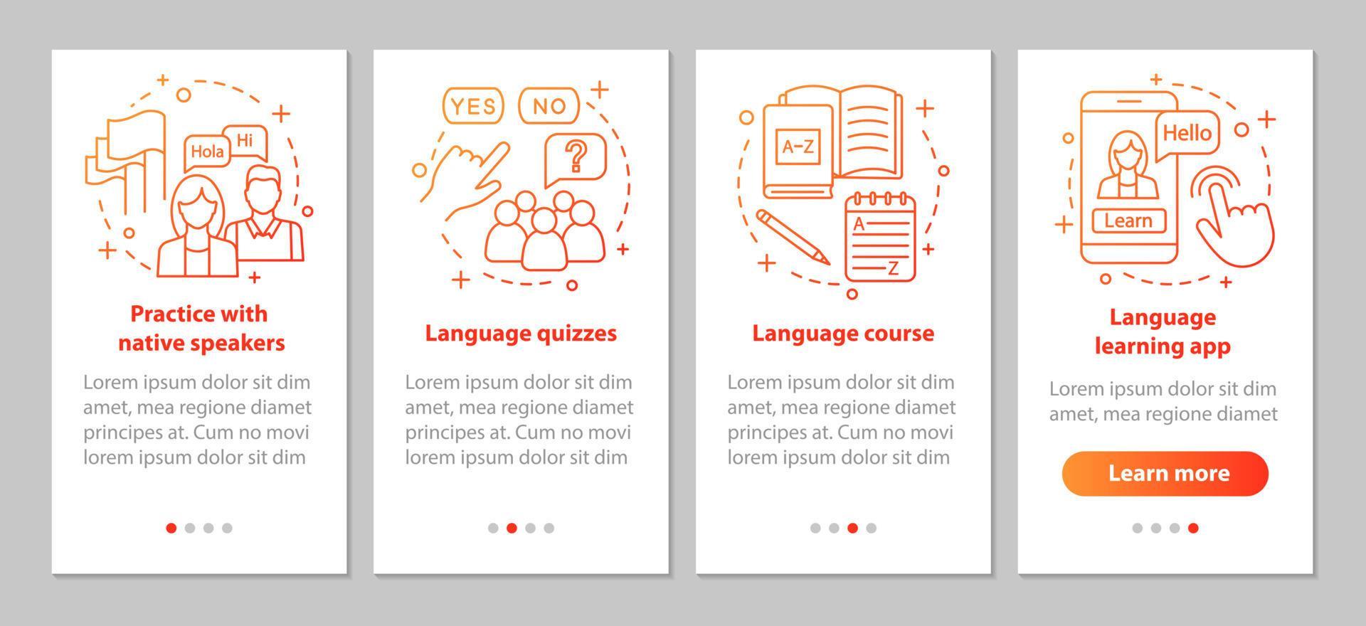 Language learning onboarding mobile app page screen vector template. Lessons with tutor ...