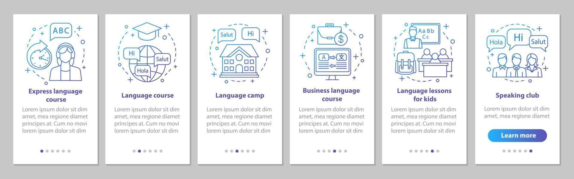 Language learning onboarding mobile app page screen vector template. Express courses, summer ...