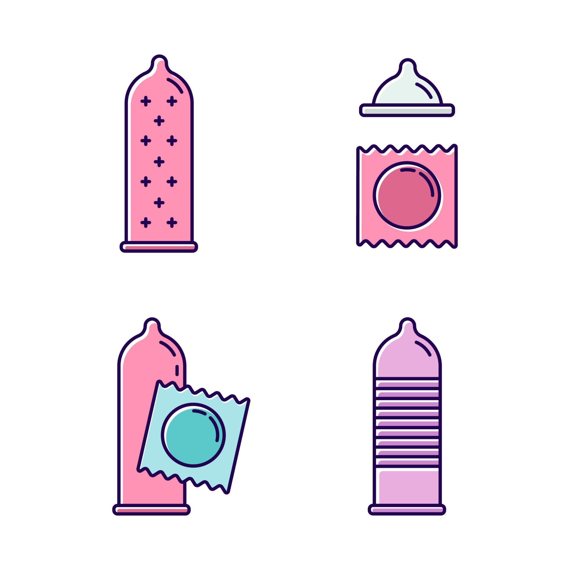 Condom Pink Color Icons Set Safe Sex Female Latex Reusable