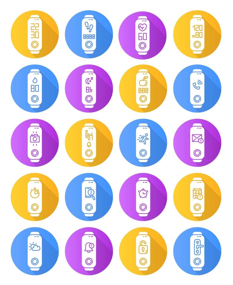 Fitness tracker functions on display flat design long shadow glyph ...