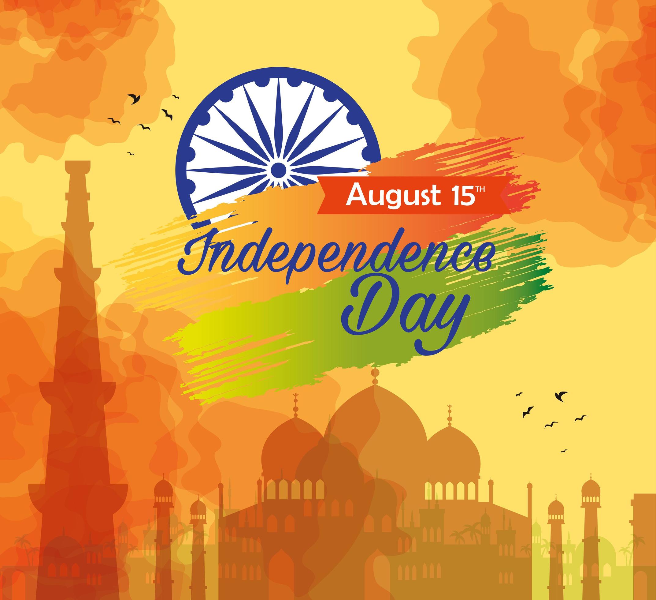 indian happy independence day, celebration 15 august, with silhouette of monuments traditional ...