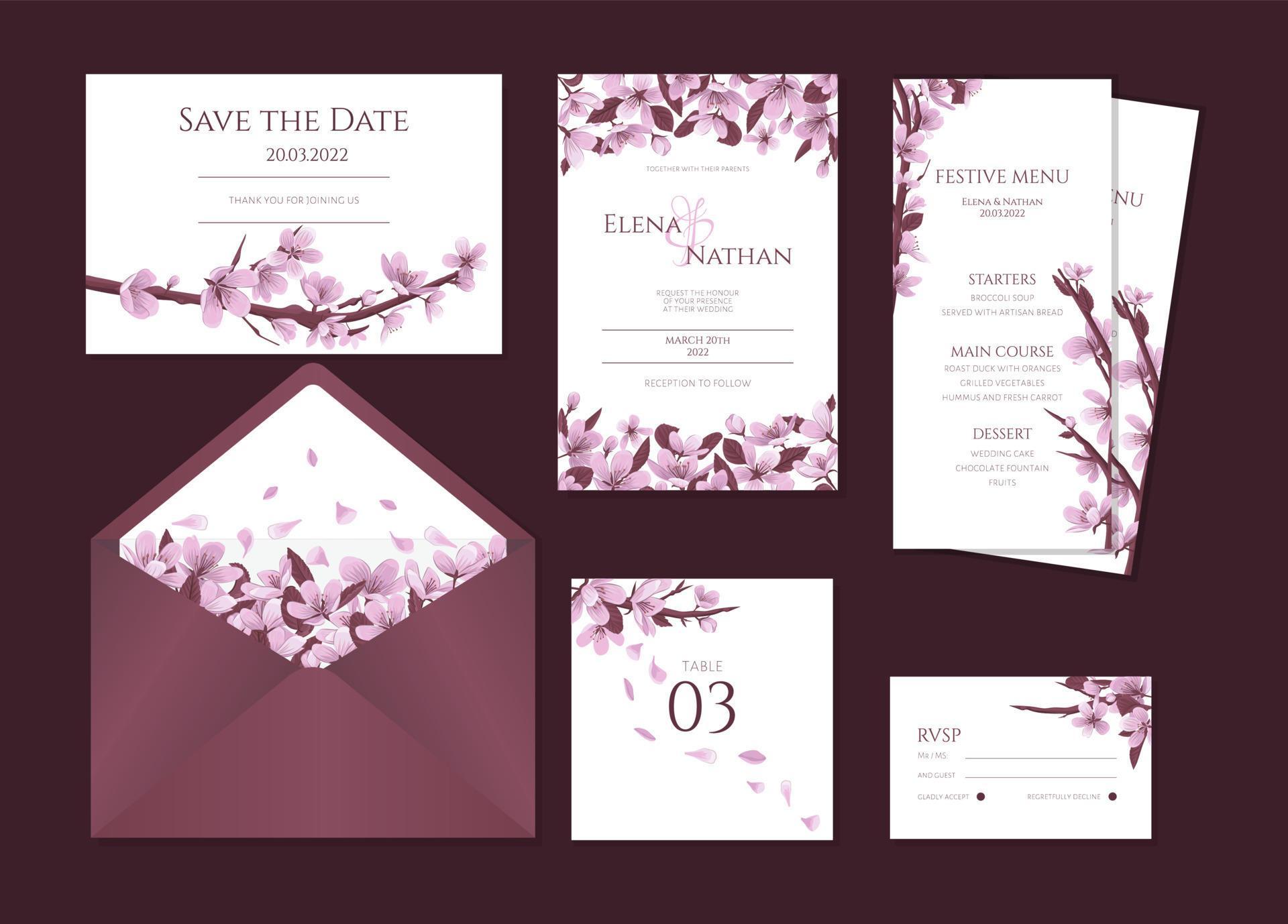 Cherry blossom wedding stationary vector template. 5375796 Vector Art ...