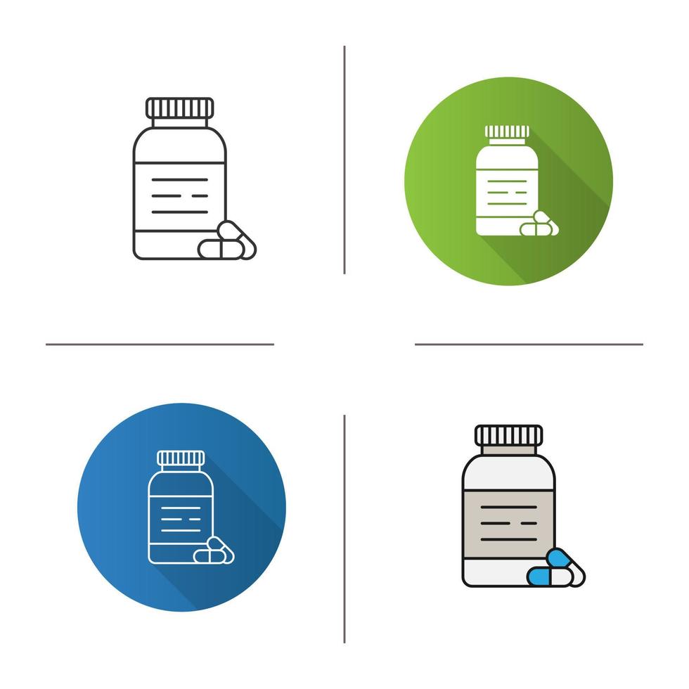 Pills Bottle Icon Medications Flat Design Linear And Color Styles