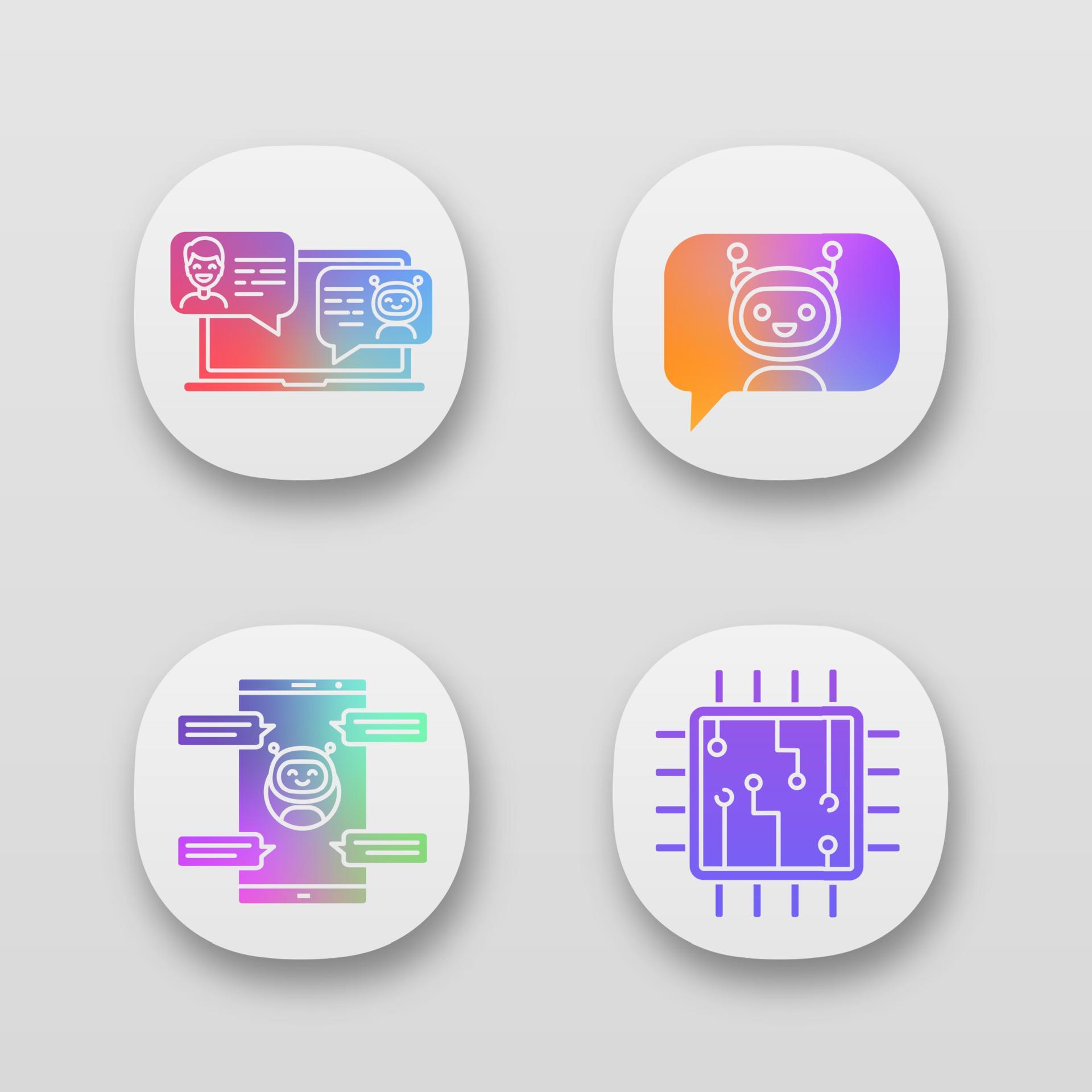 Chatbots app icons set. UI UX user interface. Virtual assistants. Messenger and chat bots ...
