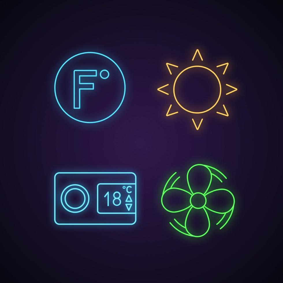 Air Conditioning Neon Light Icons Set Fahrenheit Degree Sun Digital
