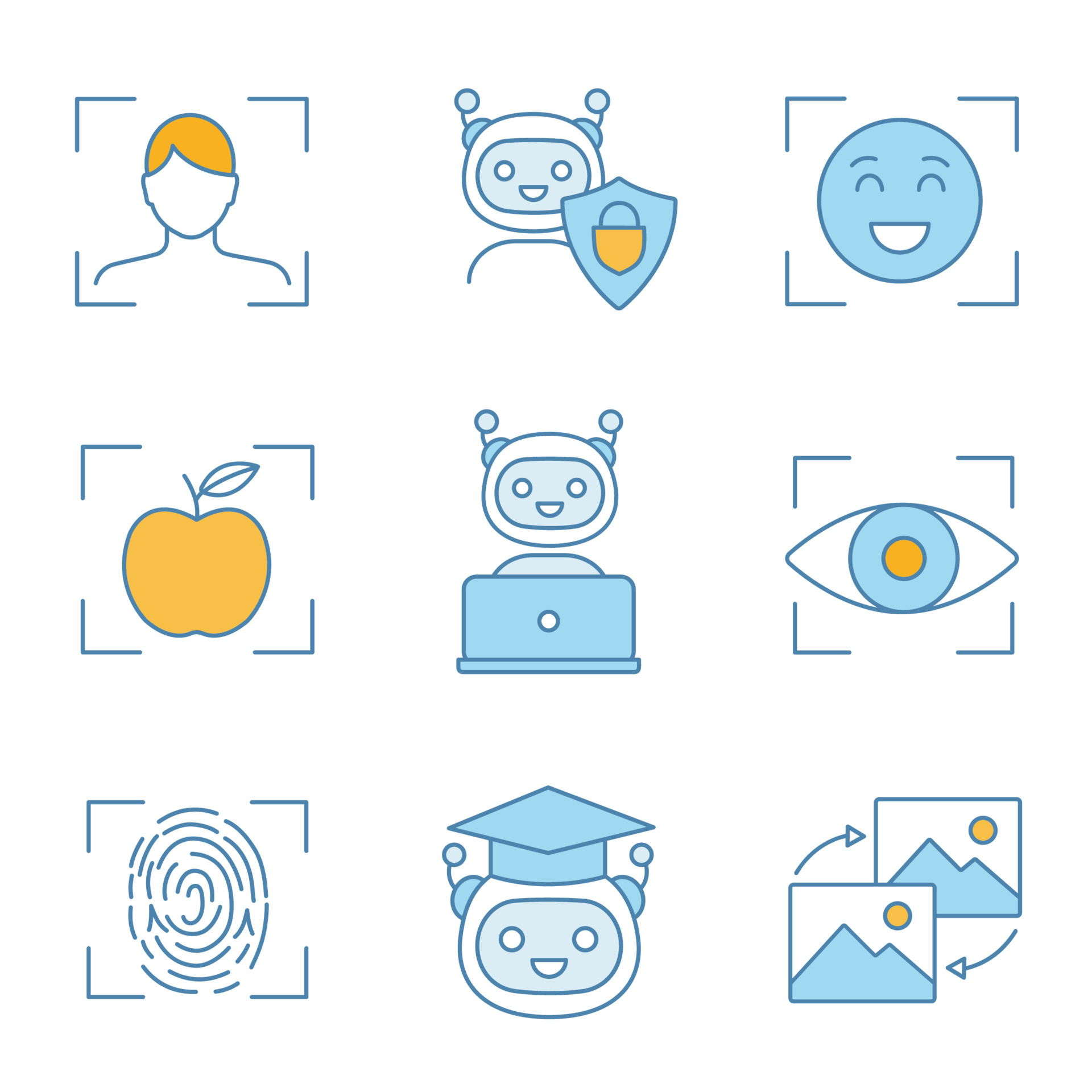 Machine Learning Color Icons Set Artificial Intelligence Chatbot Face Retina Fingerprint