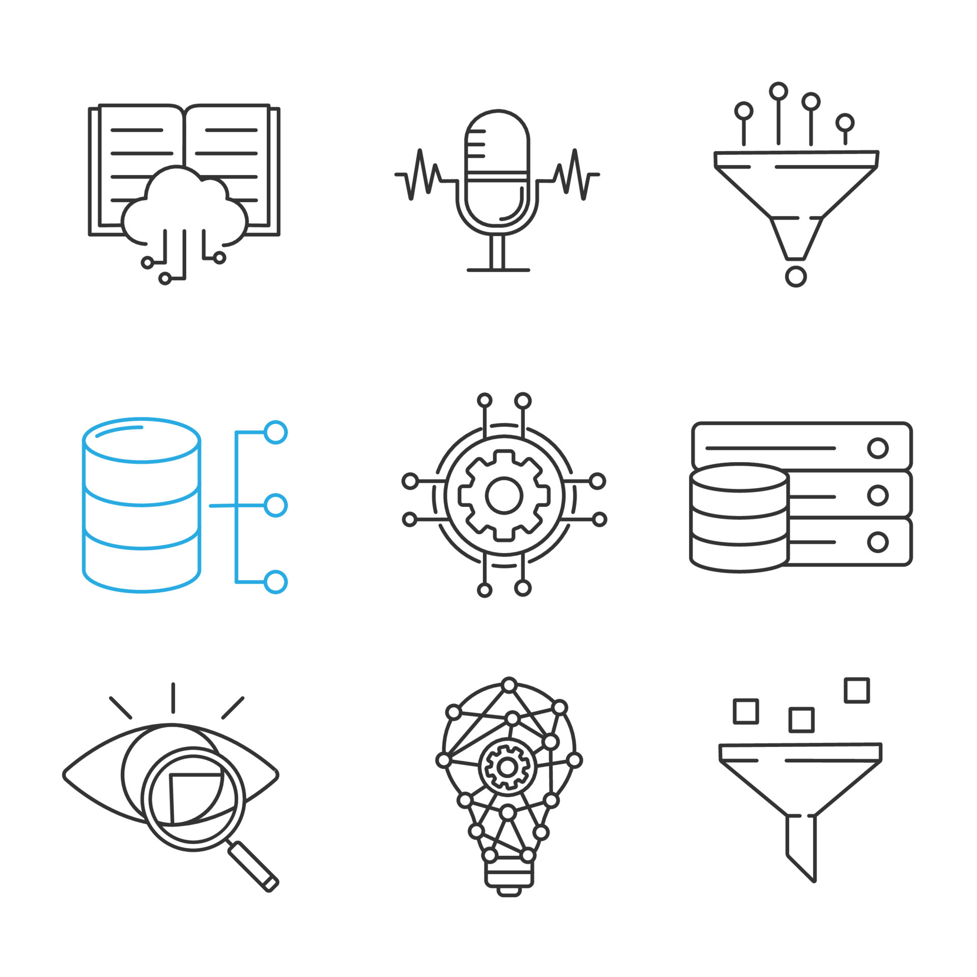 Machine learning linear icons set. Artificial intelligence. Database ...