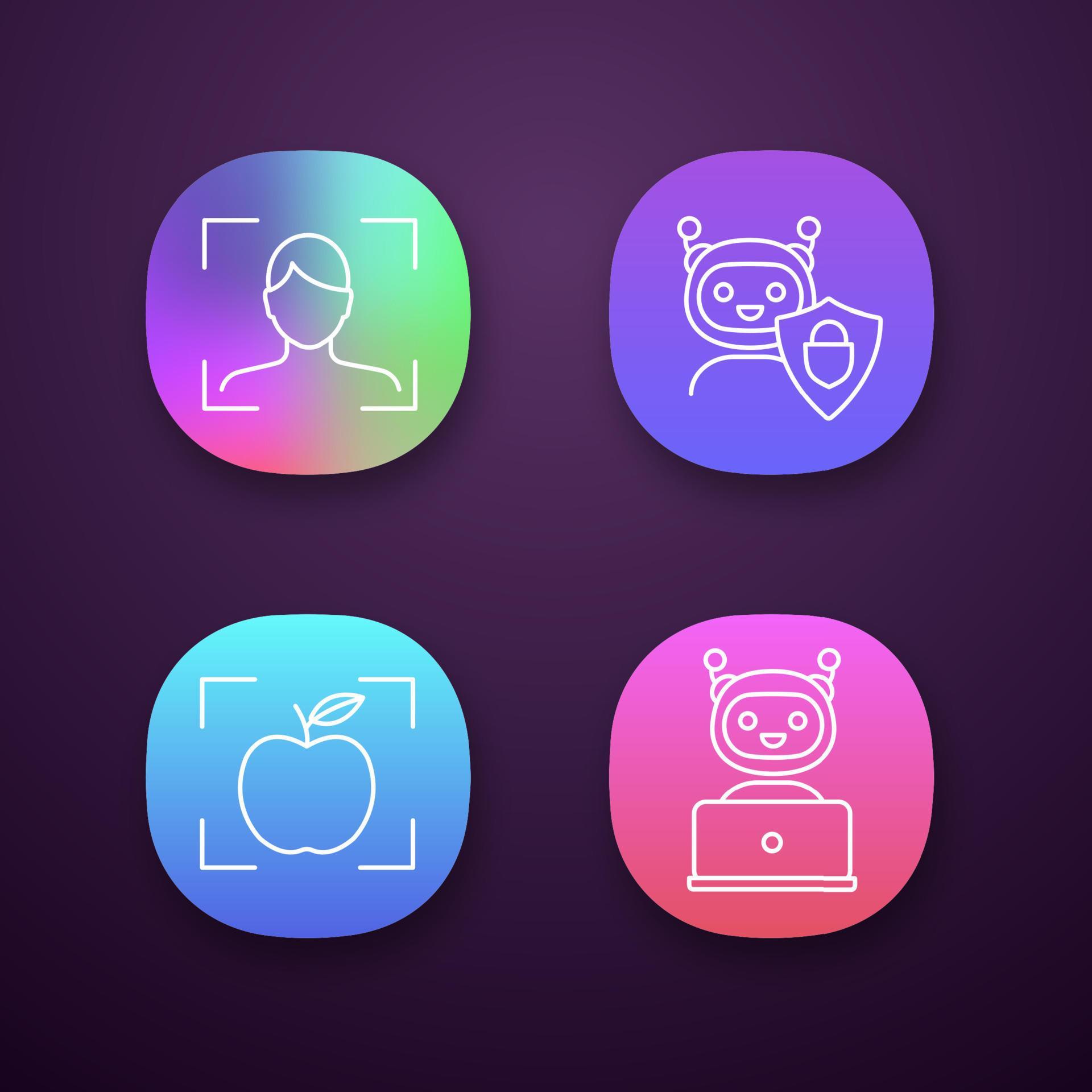 Machine Learning App Icons Set Facial Recognition Secured Chatbot Object Detection App Chat