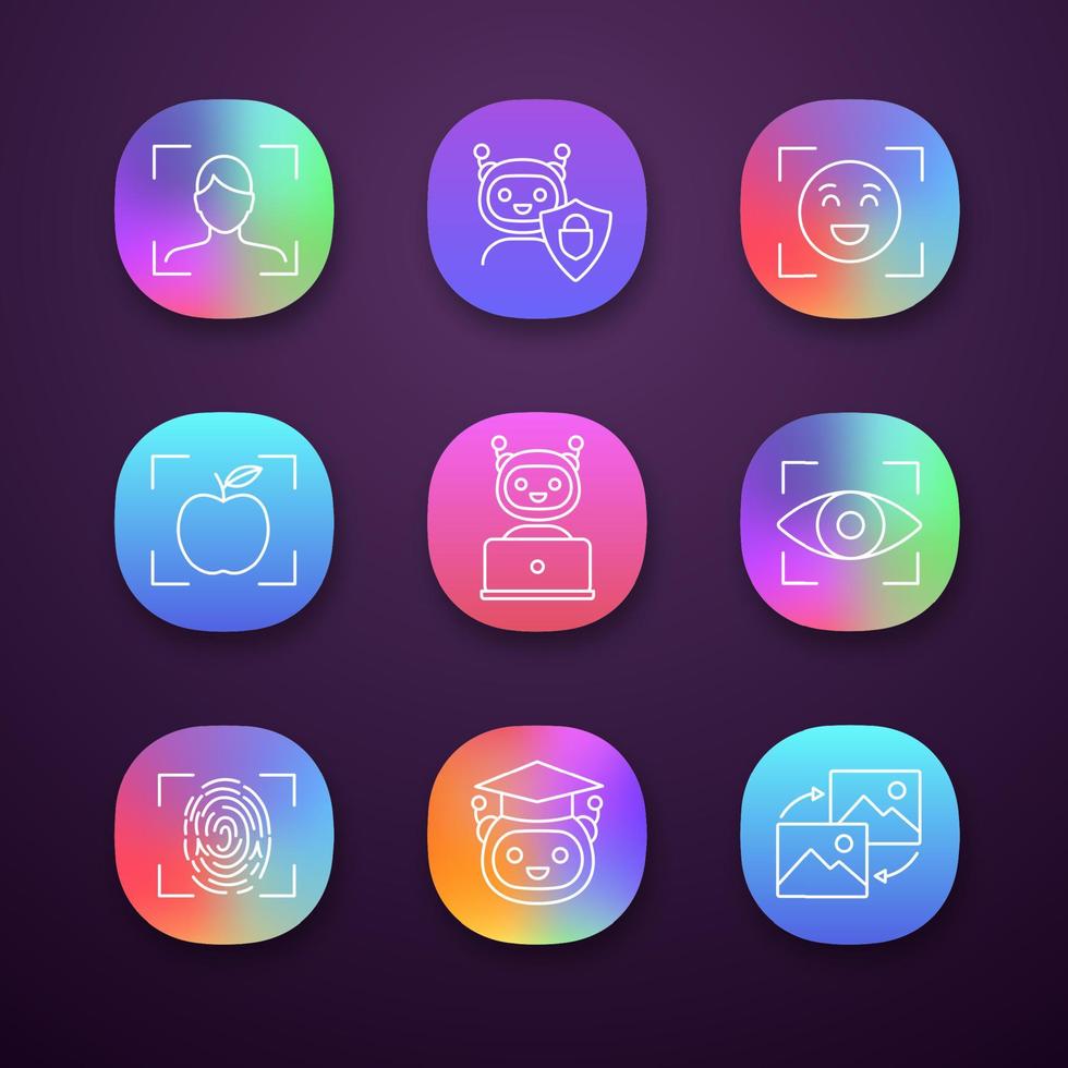Machine Learning App Icons Set Artificial Intelligence Chatbot Face Retina Fingerprint