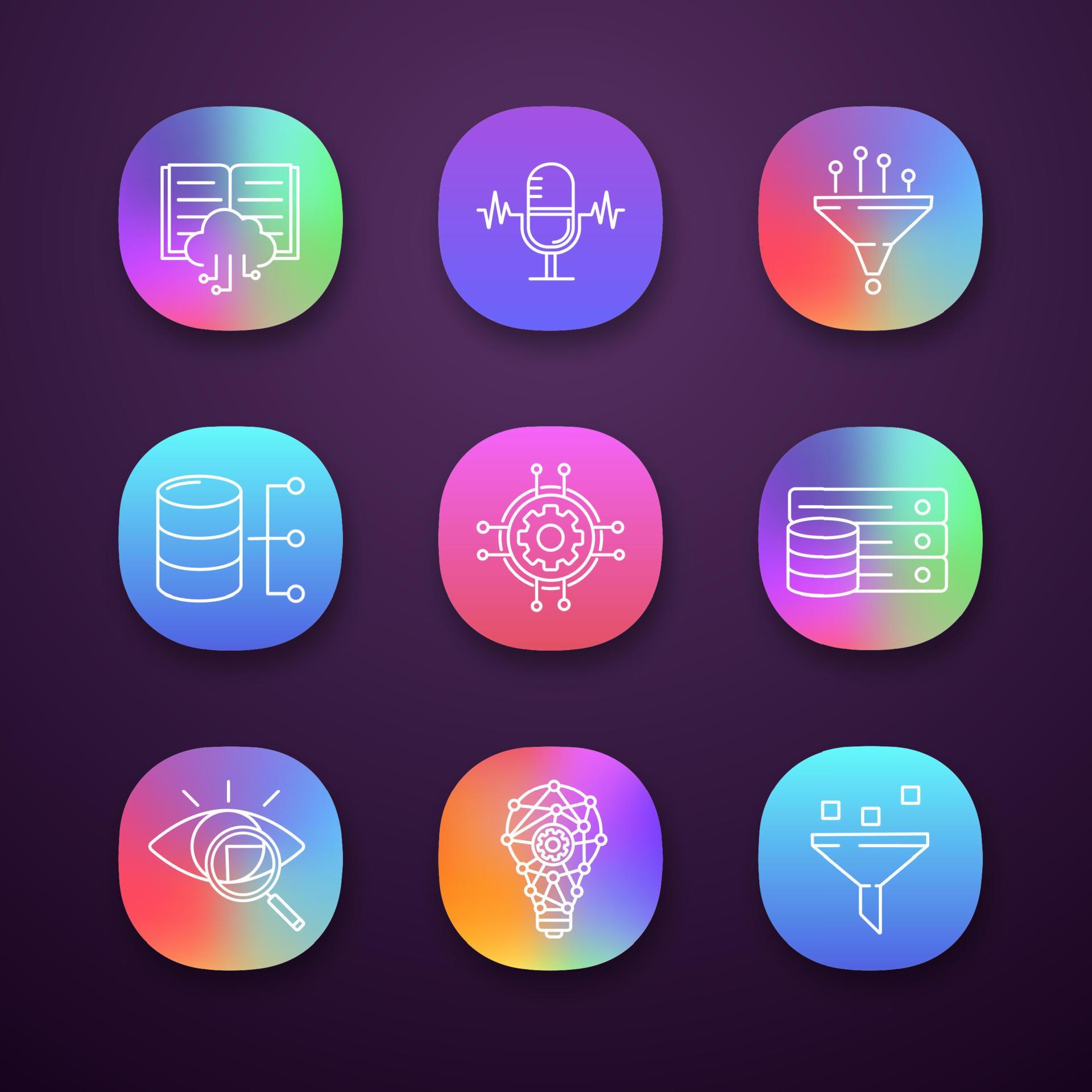 Machine learning app icons set. UI UX user interface. Artificial intelligence. Database. AI ...
