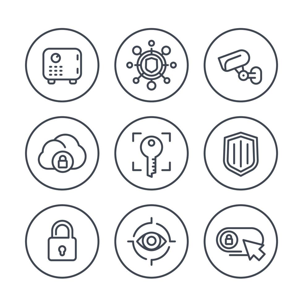 Security Line Icons In Circles On White Secure Transaction Online Security Key Lock Shield