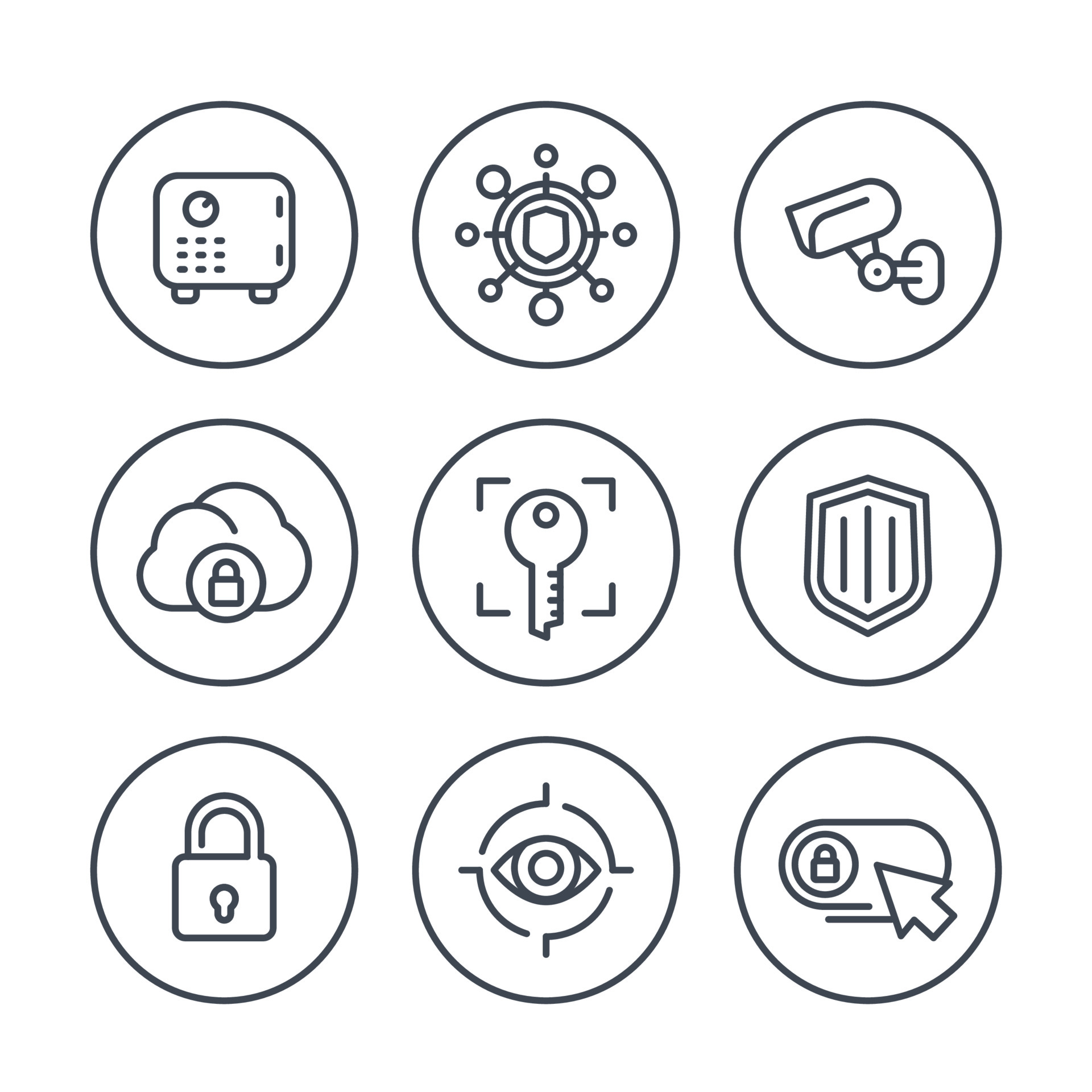 Security Line Icons In Circles On White Secure Transaction Online Security Key Lock Shield