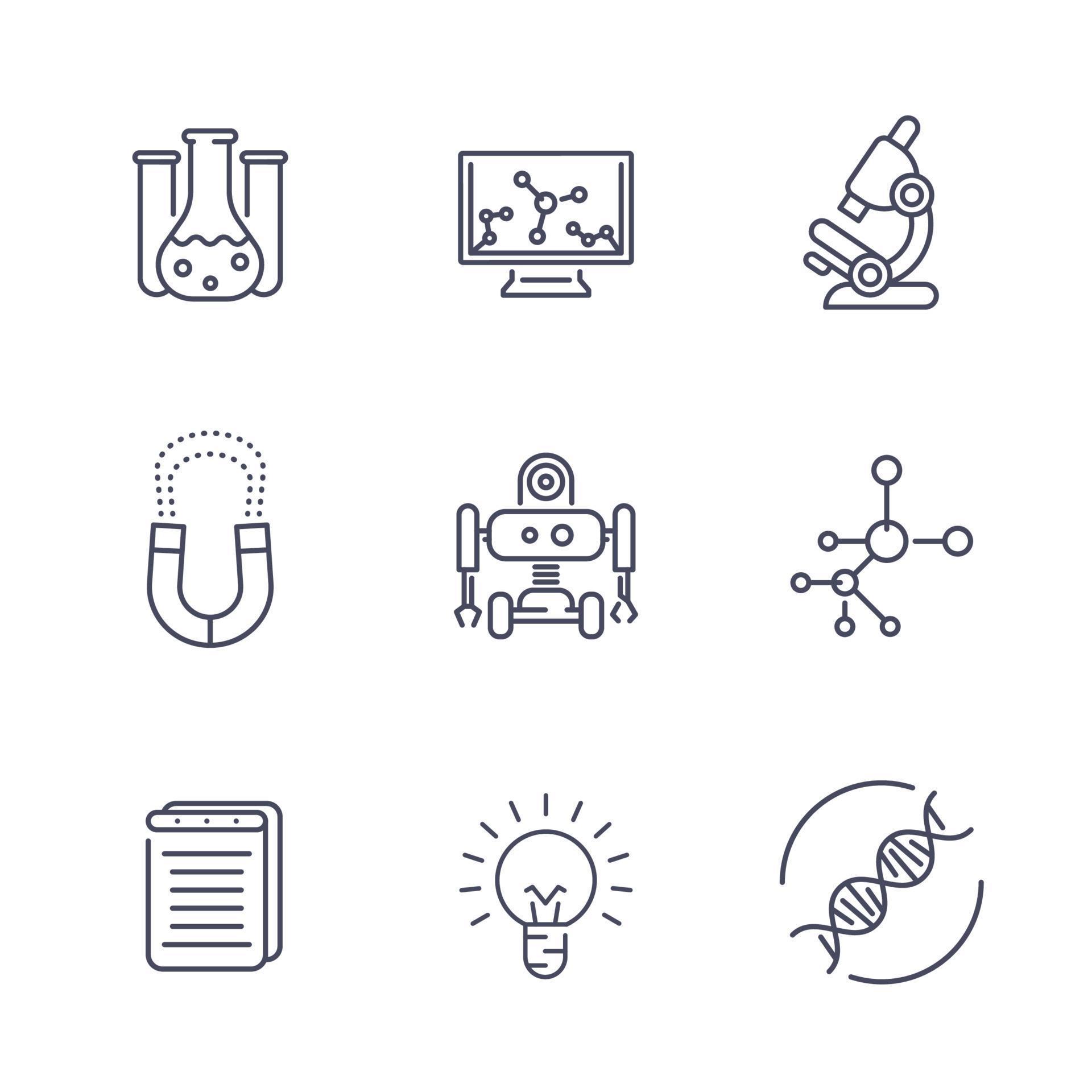 Science line icons isolated on white, research, study, laboratory ...