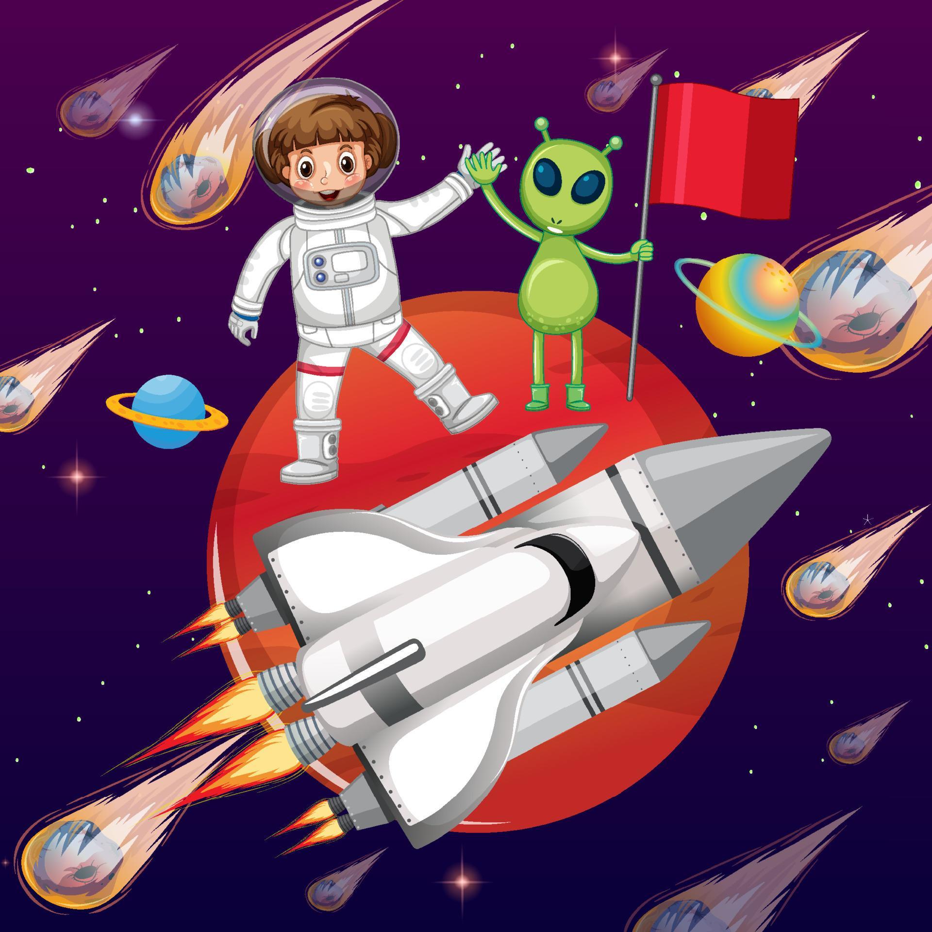 Astronaut and alien standing on Mars with rocket ship 5441934 Vector ...