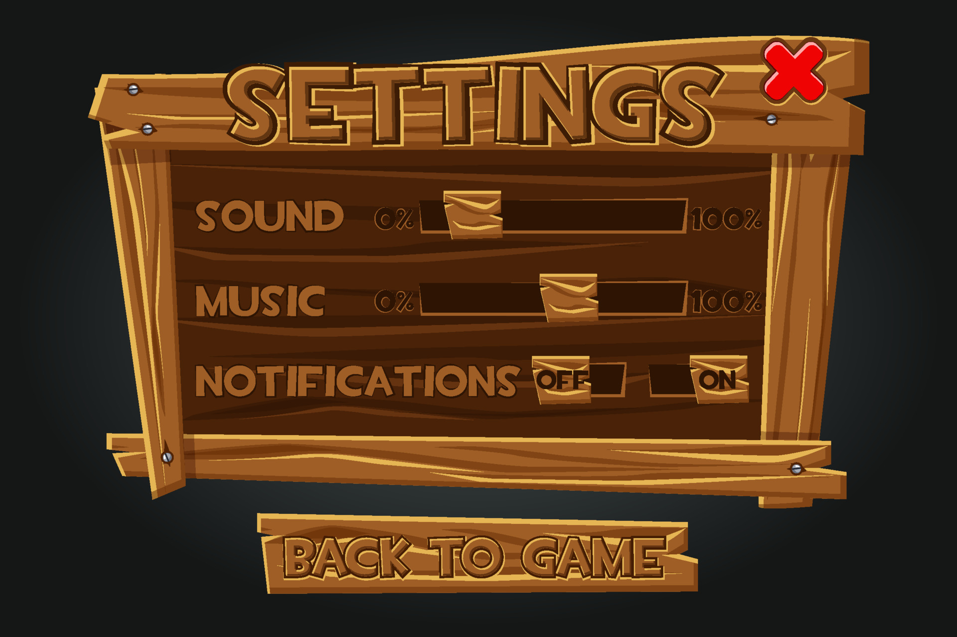 Wooden game user interface, settings window. Settings on the old board for playing sound ...