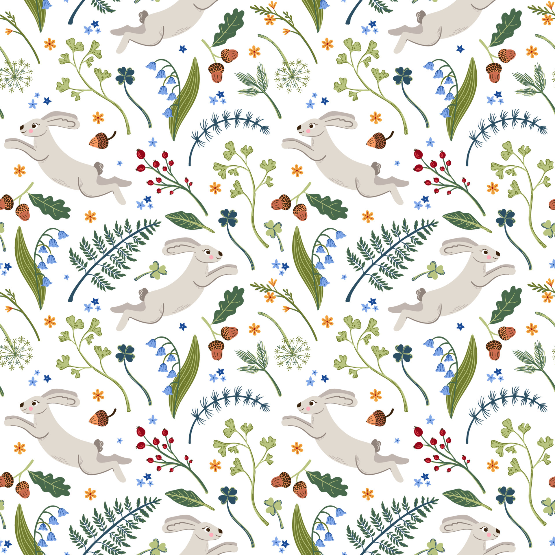Forest seamless vector pattern with rabbit and florals on white ...