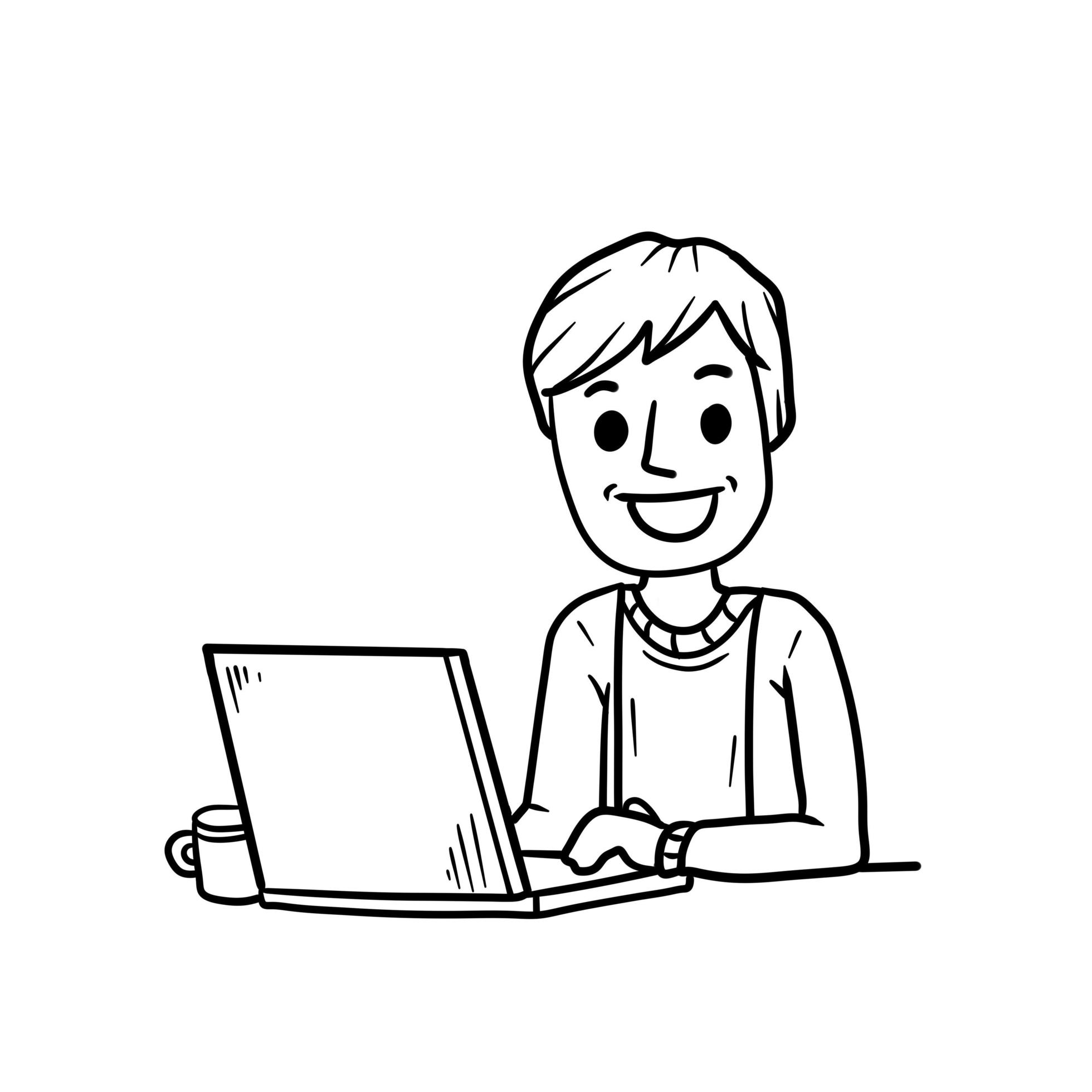 Man sitting at table with laptop. Chat with friends on the Internet ...