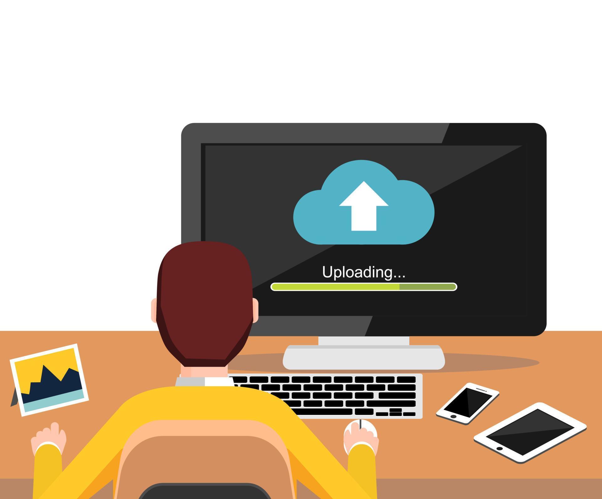 Uploading process on desktop screen concept. Person working on computer ...