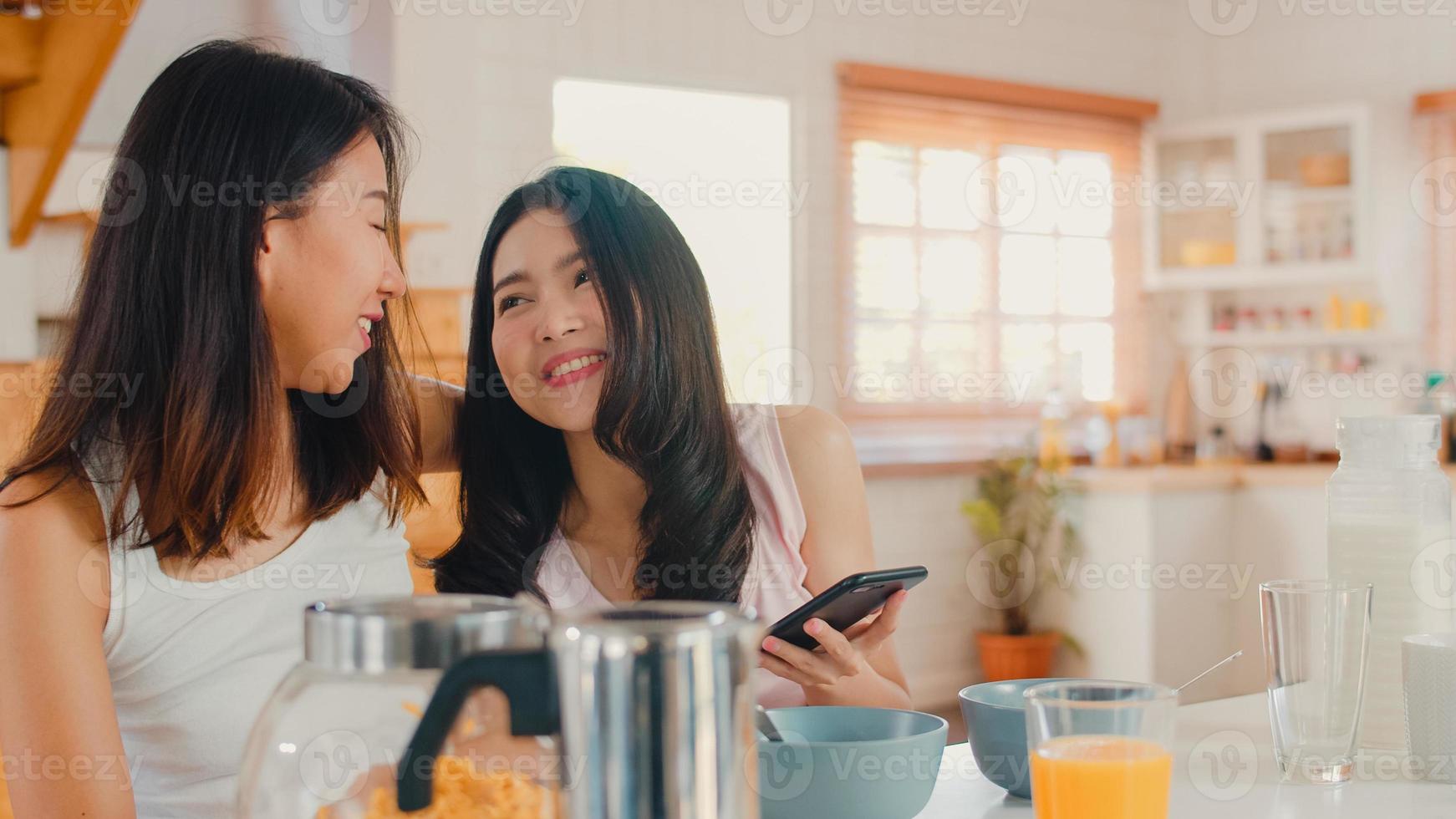Asian Lesbian Lgbtq Women Couple Have Breakfast At Home Young Asia