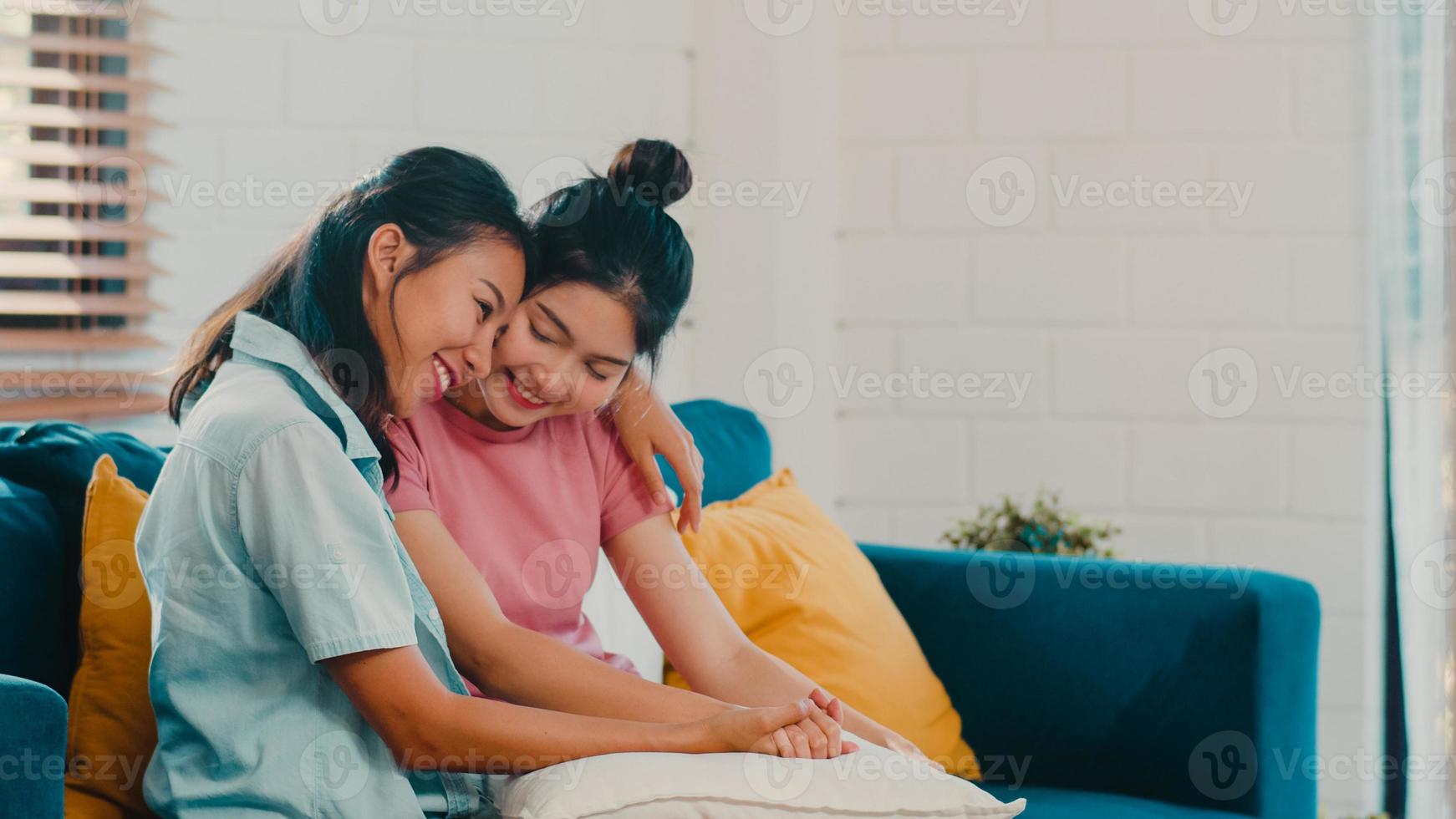 Young Lesbian Lgbtq Asian Women Couple Hug And Kiss At Home Attractive
