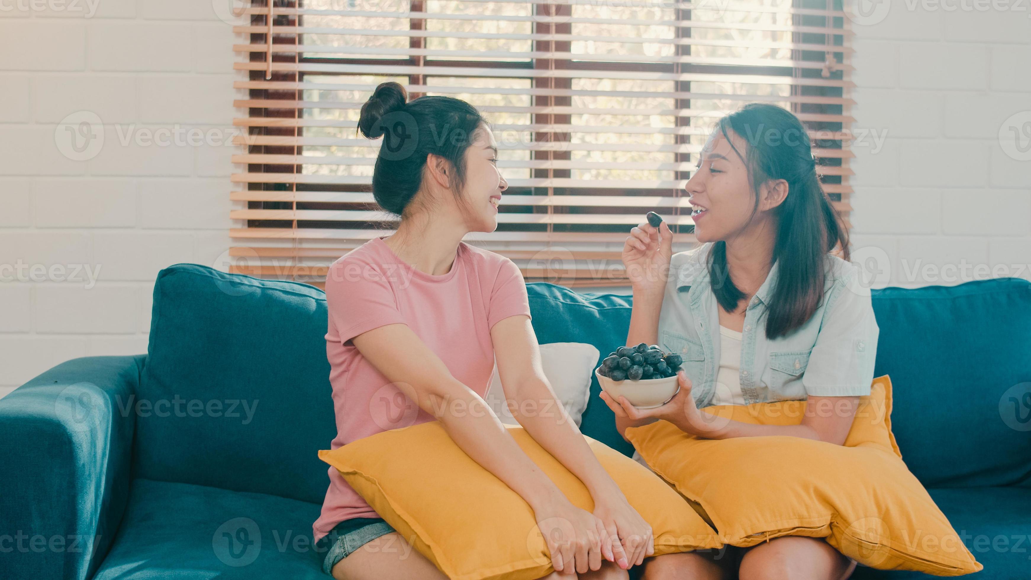 Asian Lesbian Lgbtq Women Couple Eat Healthy Food At Home Young Asia
