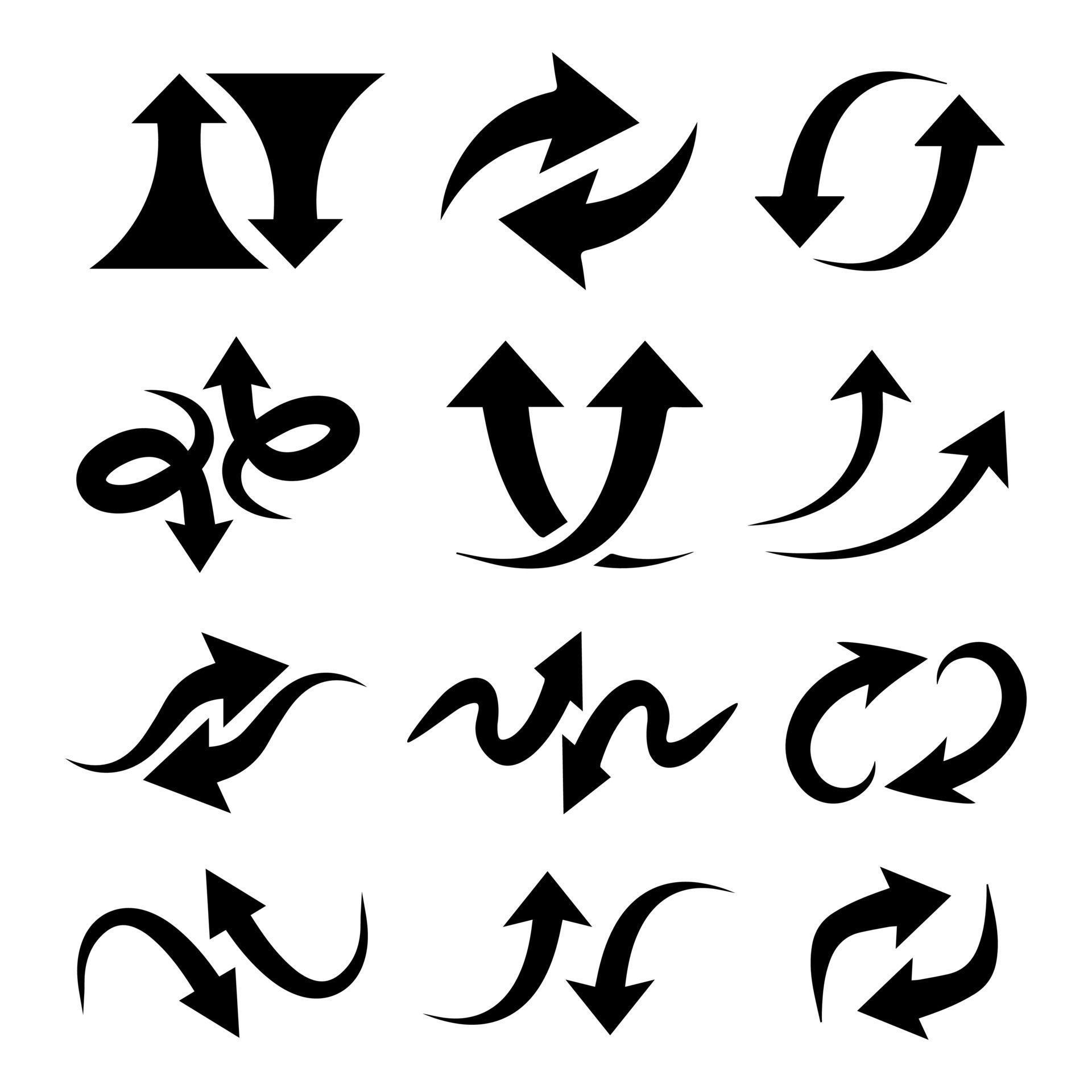Collection Of black Curved Arrows Isolated On white Background. Curved ...