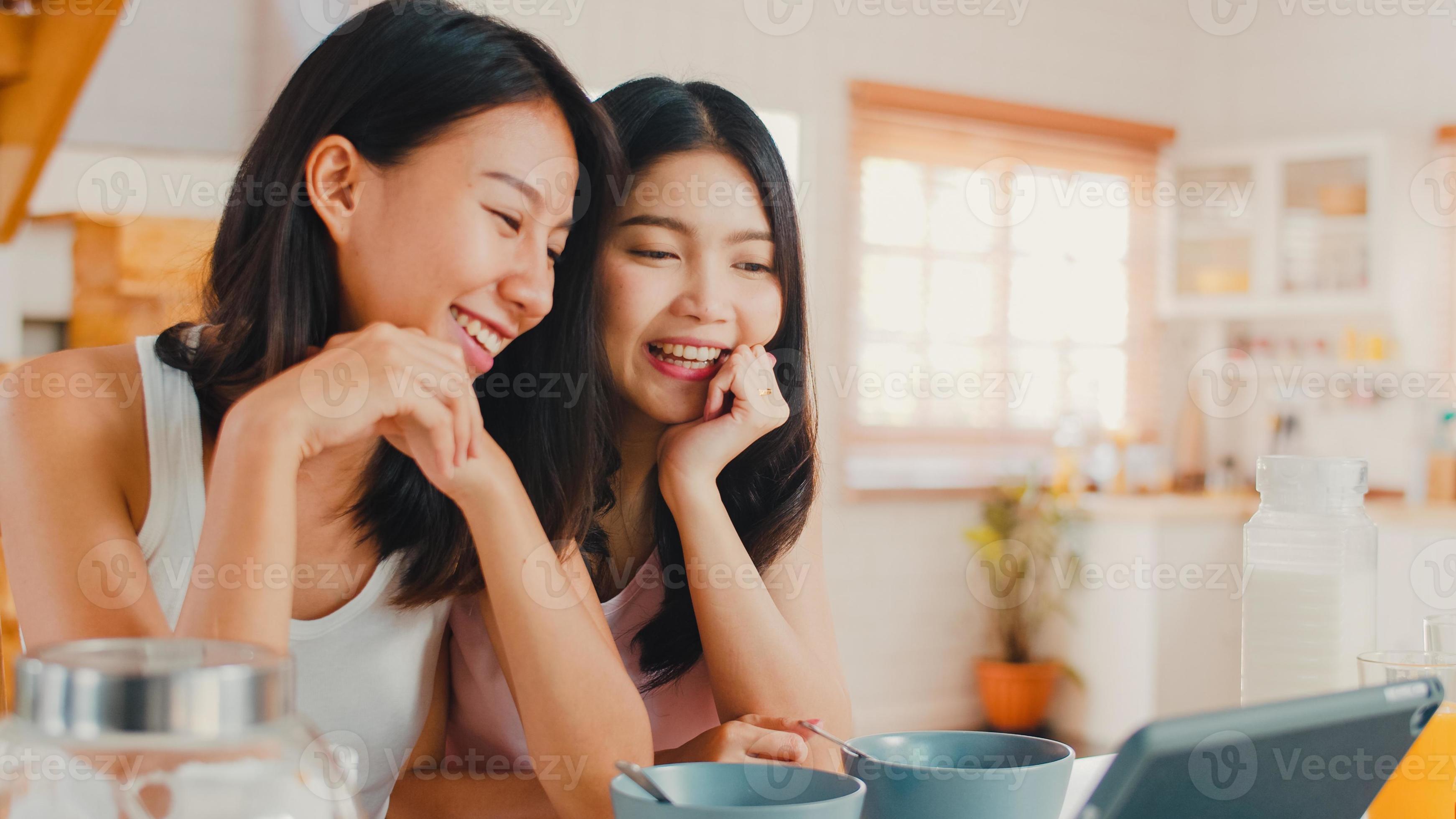 Asian Lesbian Lgbtq Influencer Women Couple Vlog At Home Young Asia