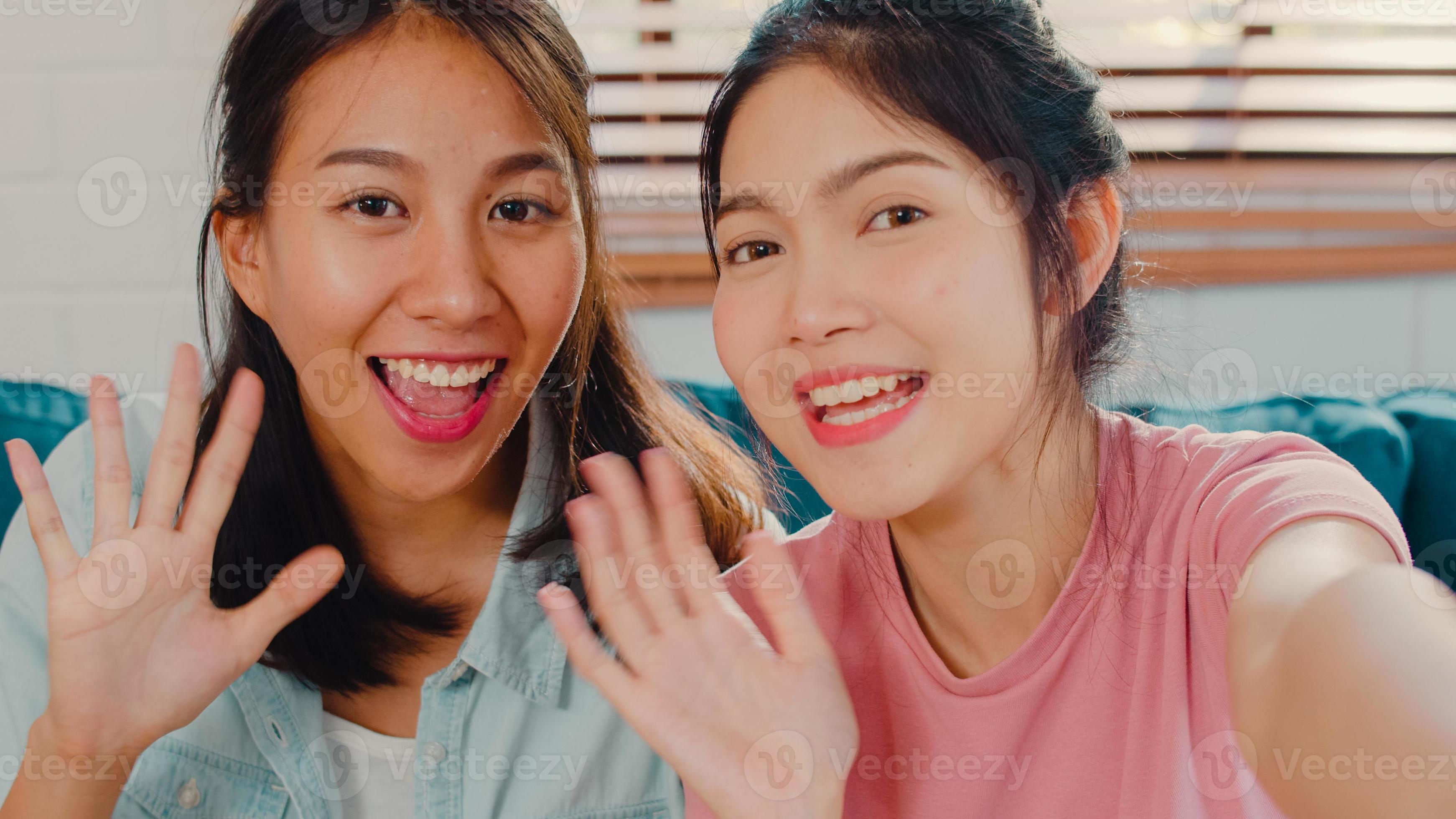 Young Lesbian Lgbtq Women Influencer Couple Vlog At Home Asian Lover