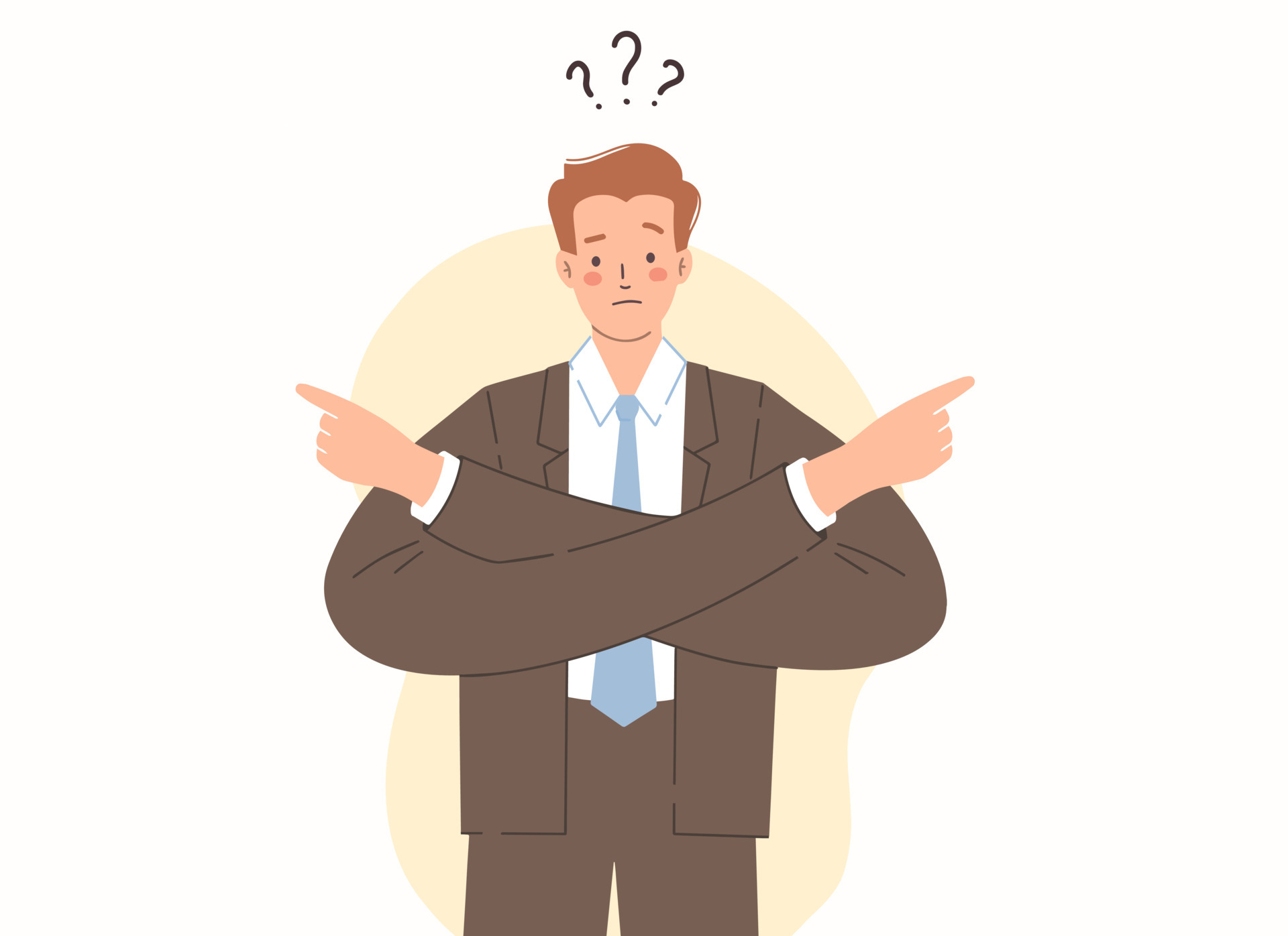 Young Man In Suit Makes Choice By Pointing His Hands To The Right And young-man-in-suit-makes-choice-by-pointing-his-hands-to-the-right-and