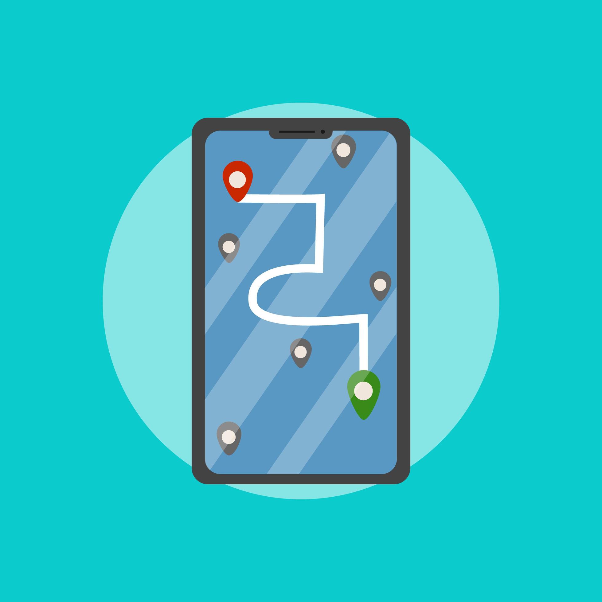 GPS navigation in the smartphone with red, green and gray pointers. Track navigation pins, map ...