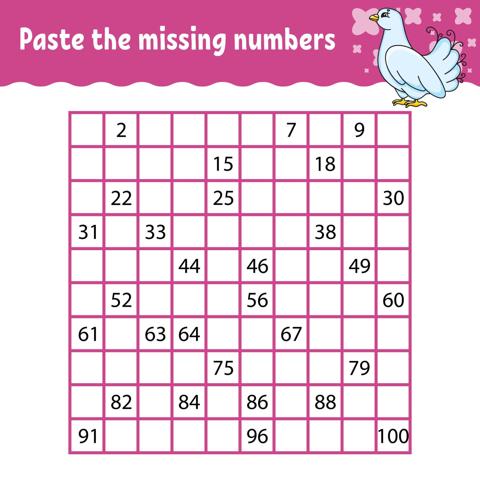 Paste the missing numbers from 1 to 100. Handwriting practice. Learning ...