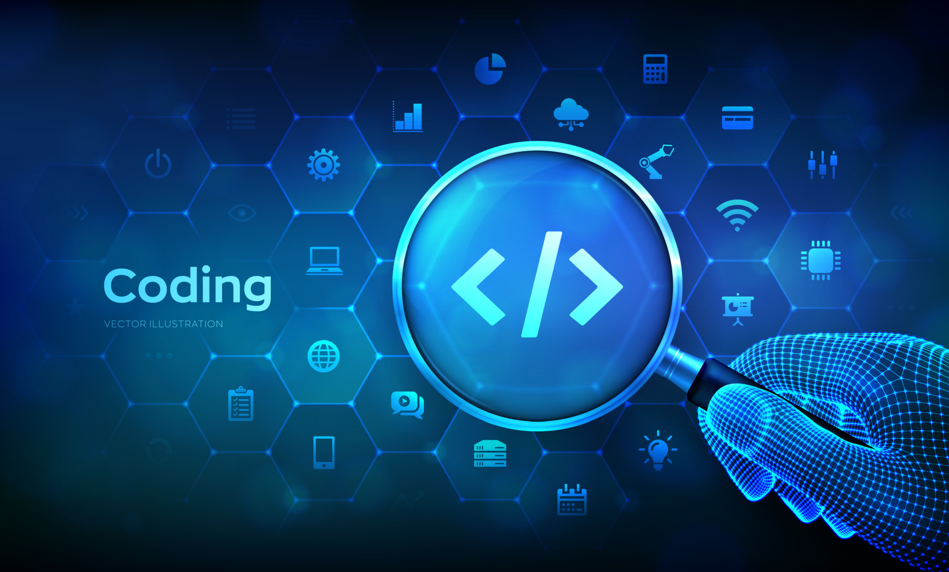 Programming Code Coding Or Hacker Concept With Magnifier In Wireframe 7746