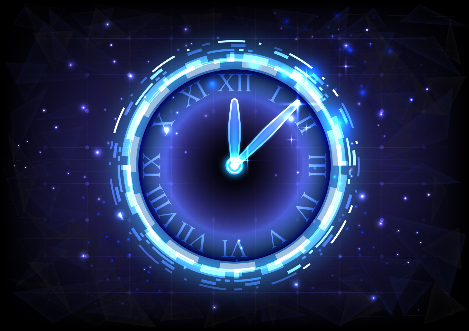 Futuristic Sci-Fi glowing HUD clock. Abstract time machine and polygon hi-tech background. Data ...
