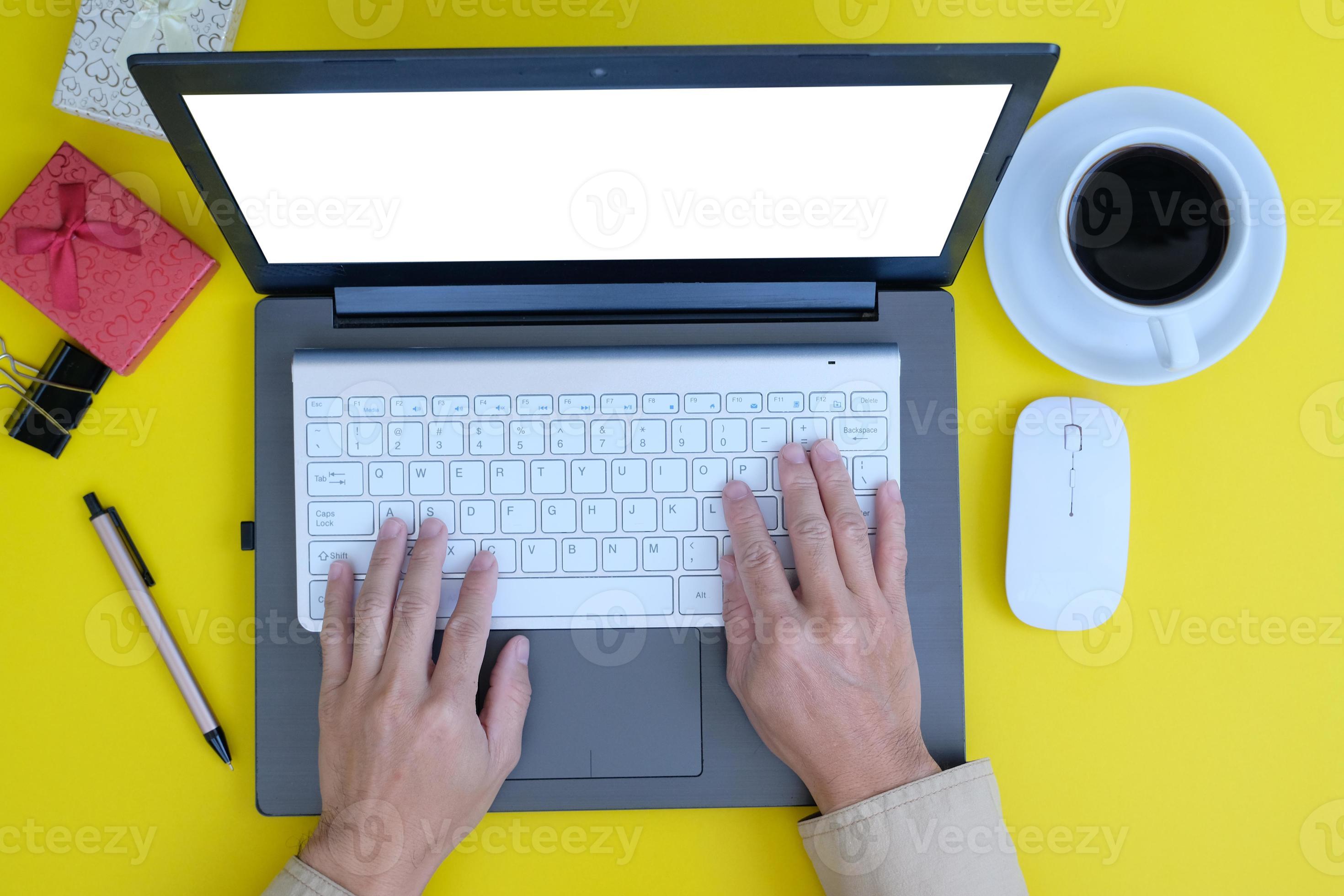 Businessman using computer, ffice desk table with computer tools and ...
