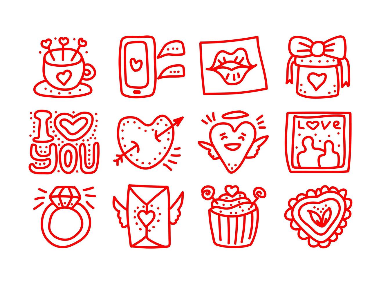 Set of hand drawn Valentines day Doodle vector icons. Valentine day ...
