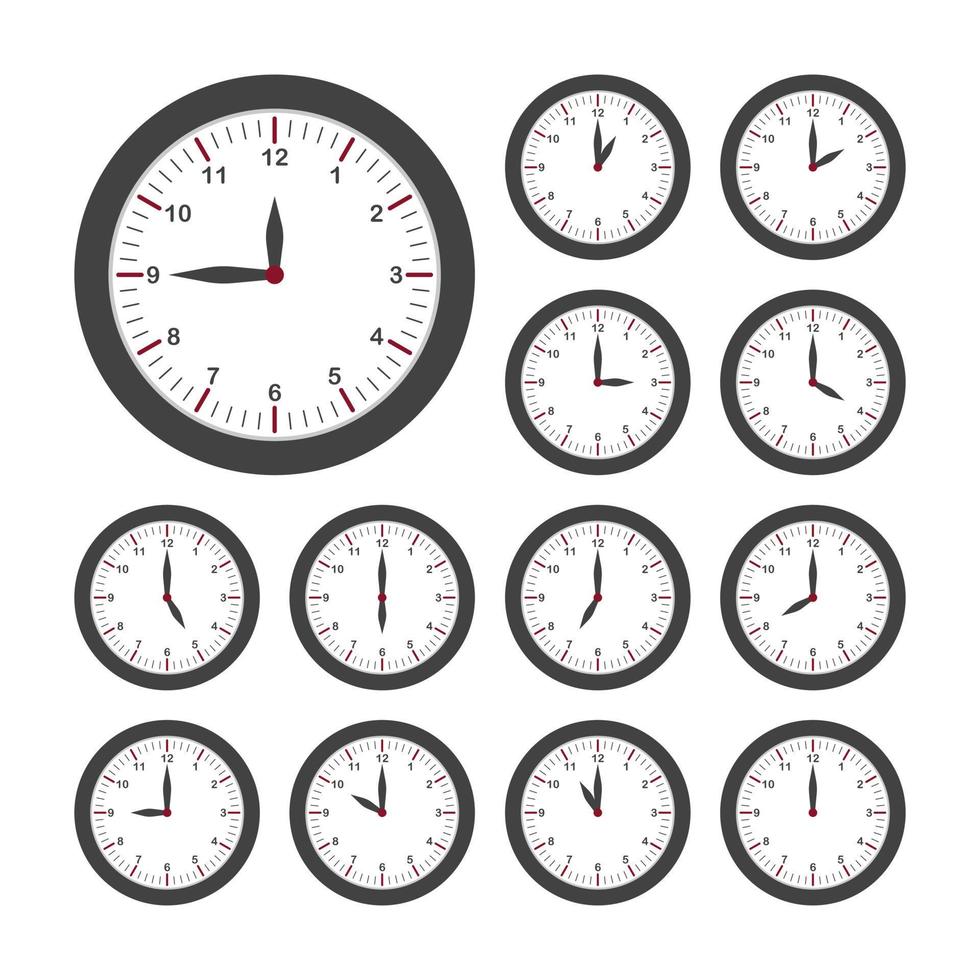 Set Of Round Clocks For Every Hour Analog Clock With Circle Shape Time And Minutes Vector