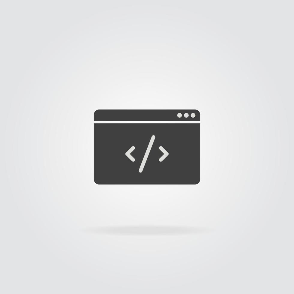 Web browser page with code icon. Dark grey icon with shadow. Window ...