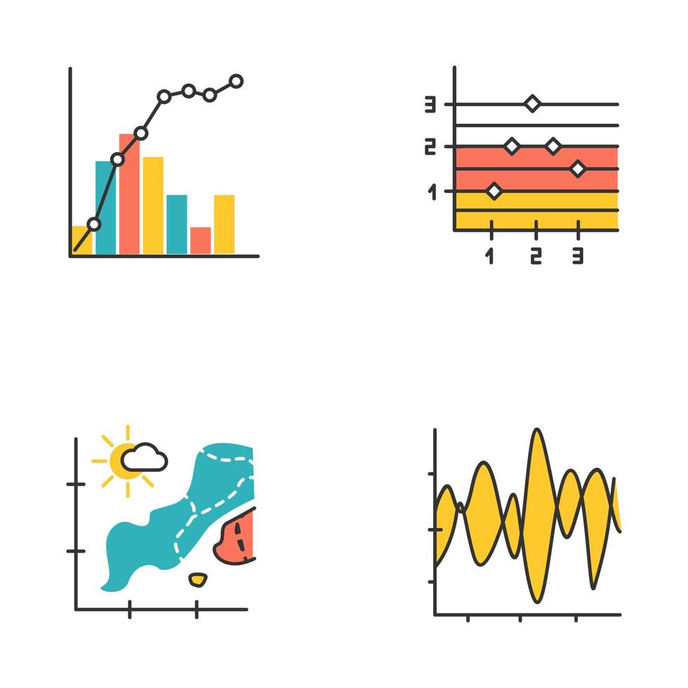 Chart And Graph Color Icons Set Temperature Map Point And Figure Chart Seismic Activity