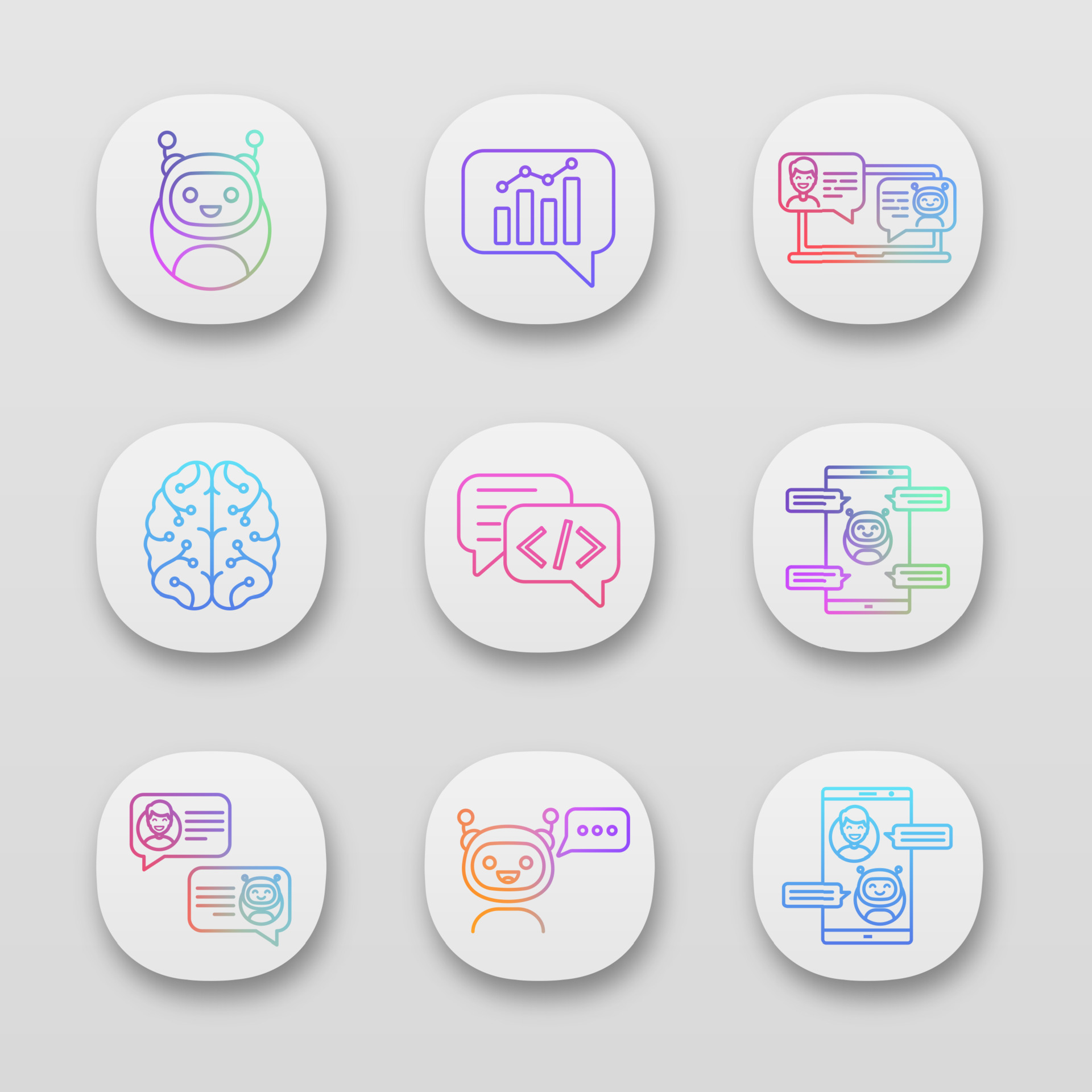 Chatbots App Icons Set Ui Ux User Interface Graph Support Code
