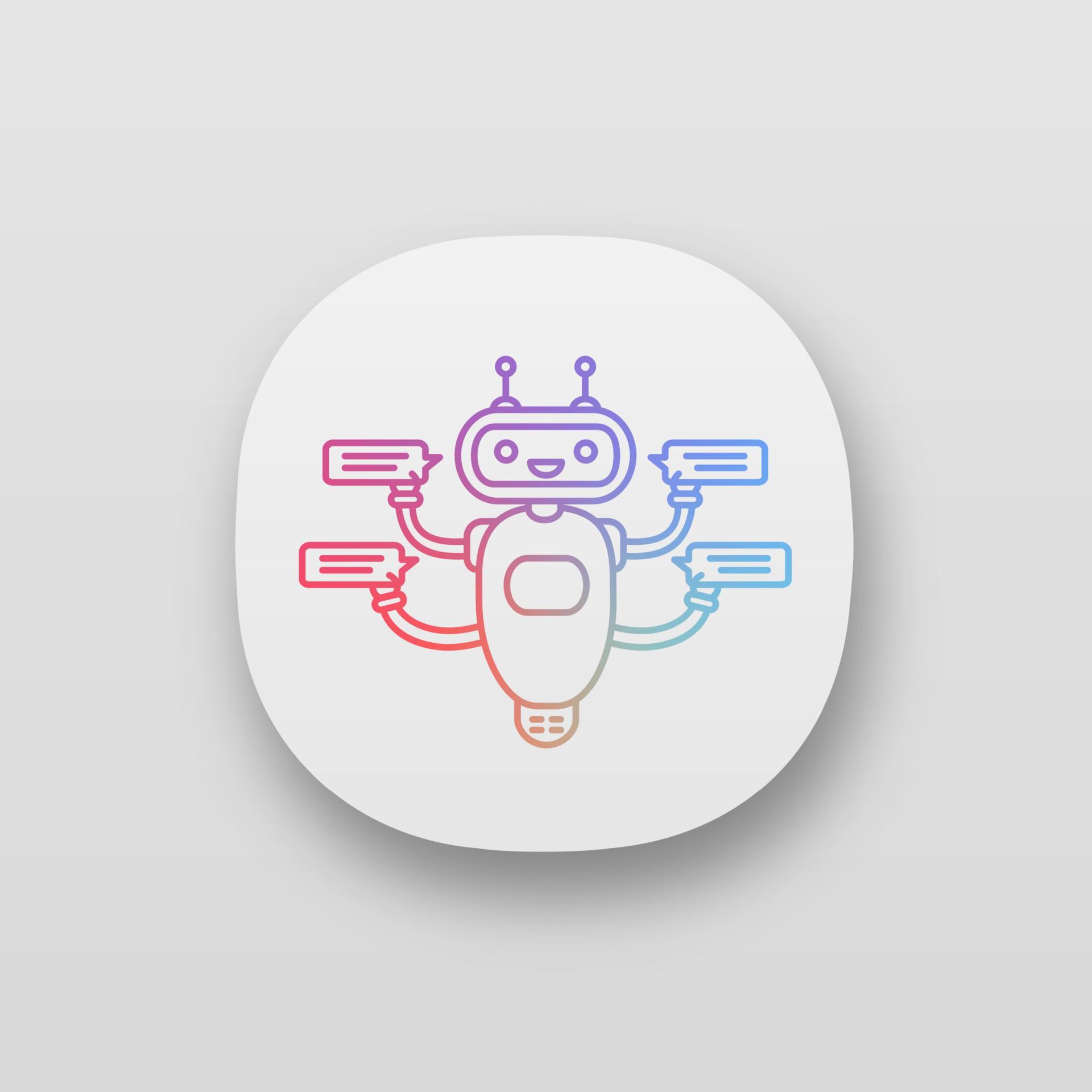 Chatbot with four speech bubbles app icon. UI UX user interface. Talkbot chatting to several ...