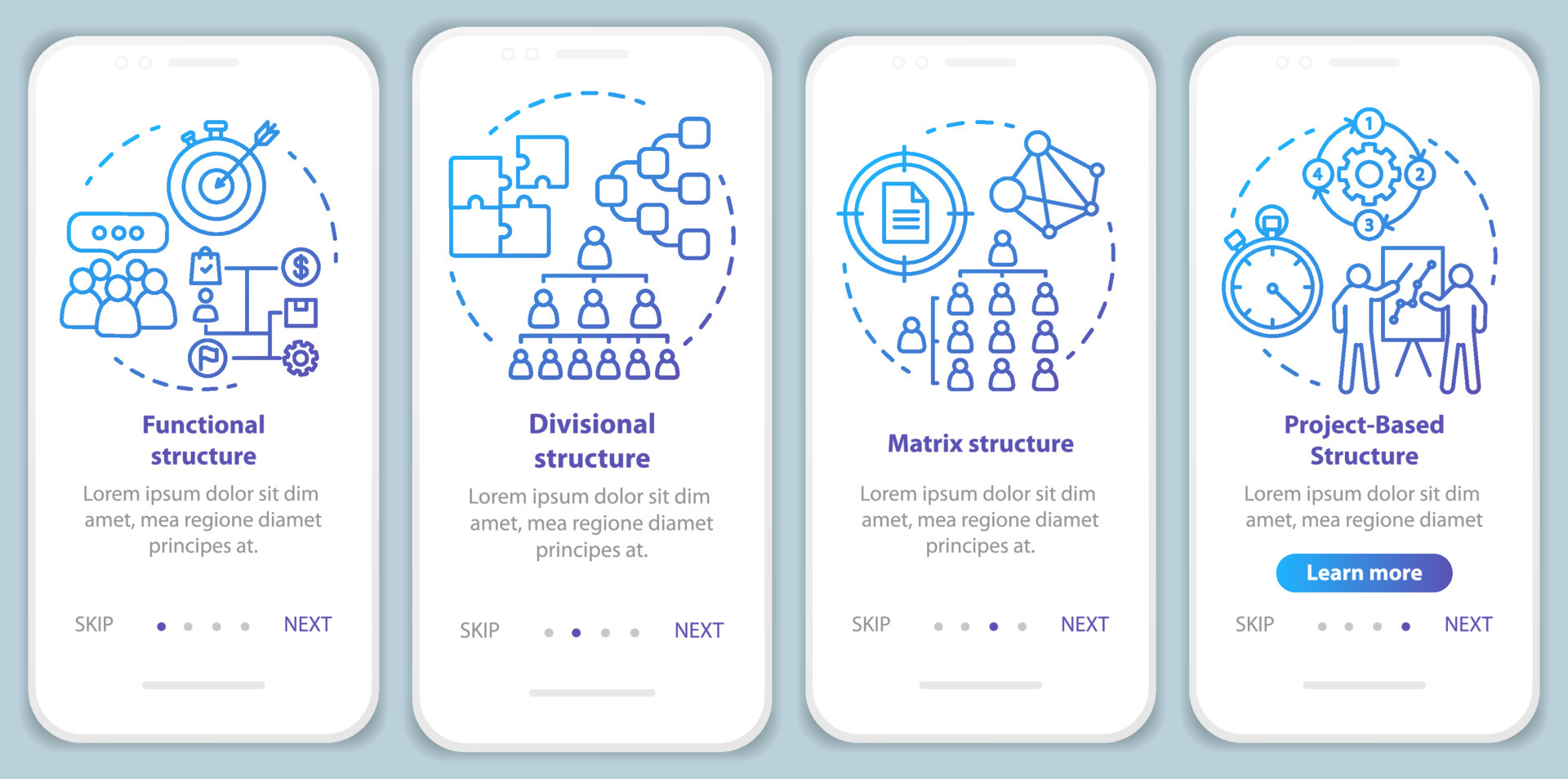 Corporate Structure Onboarding Mobile App Page Screen With Linear