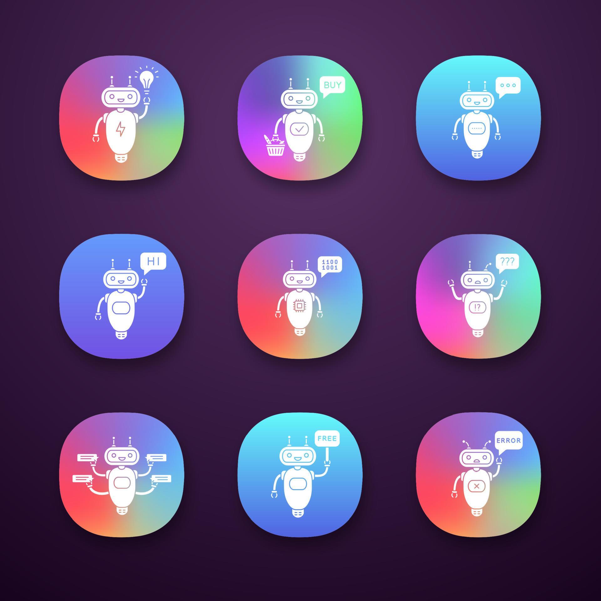 Chatbots app icons set. UI UX user interface. Talkbots. Idea, buy, text ...