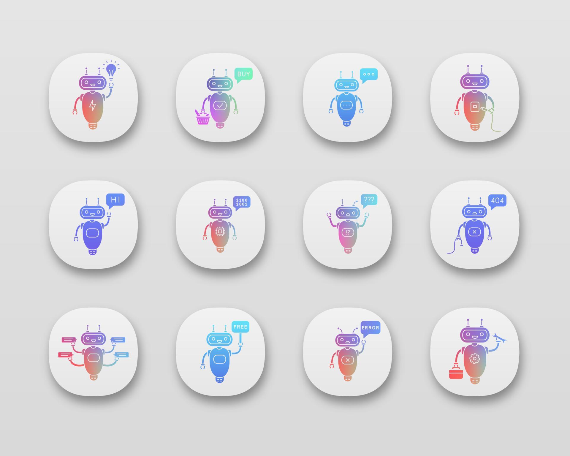 Chatbots App Icons Set Ui Ux User Interface Virtual Assistants