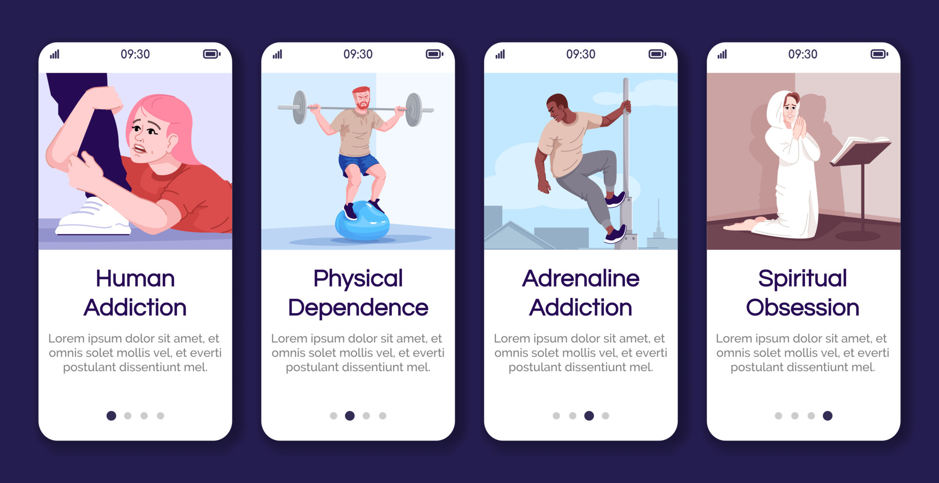 Addiction Types Onboarding Mobile App Screen Vector Template Spiritual Physical Obsession