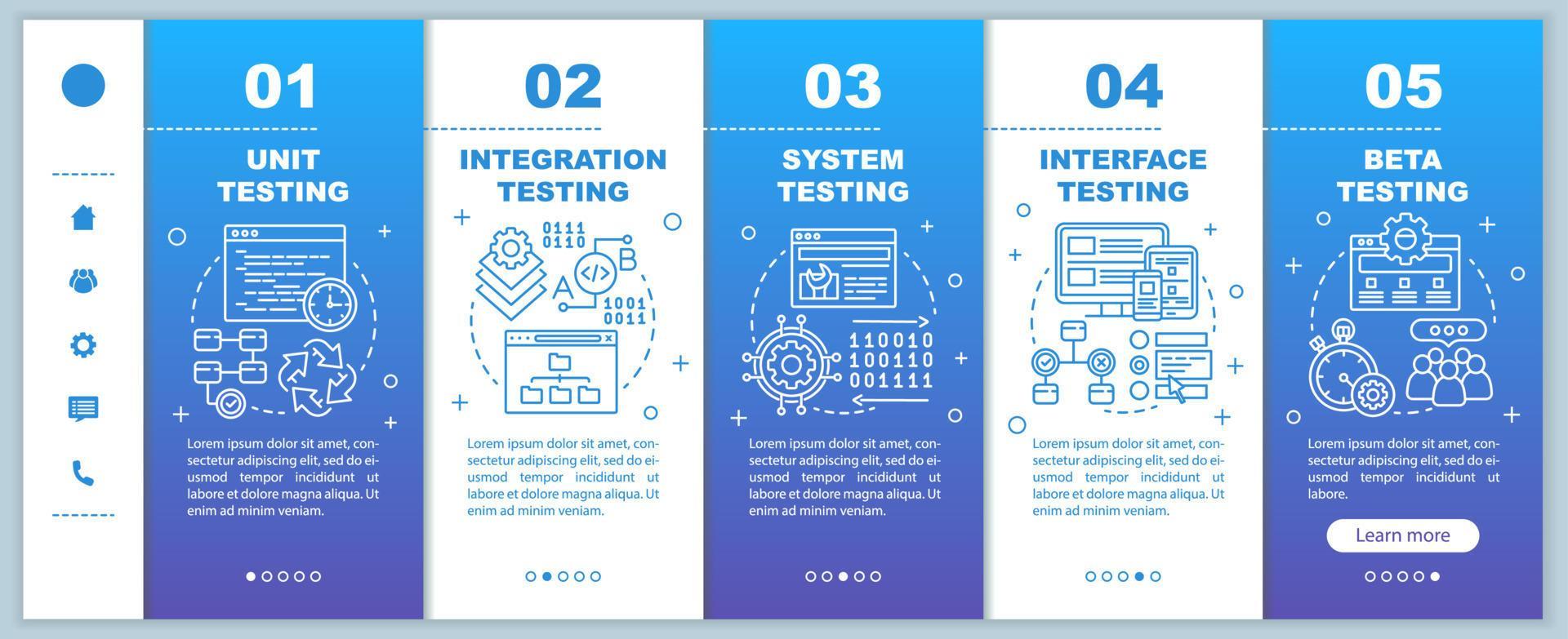 Functional Software Testing Blue Onboarding Mobile Web Pages Vector Template Responsive